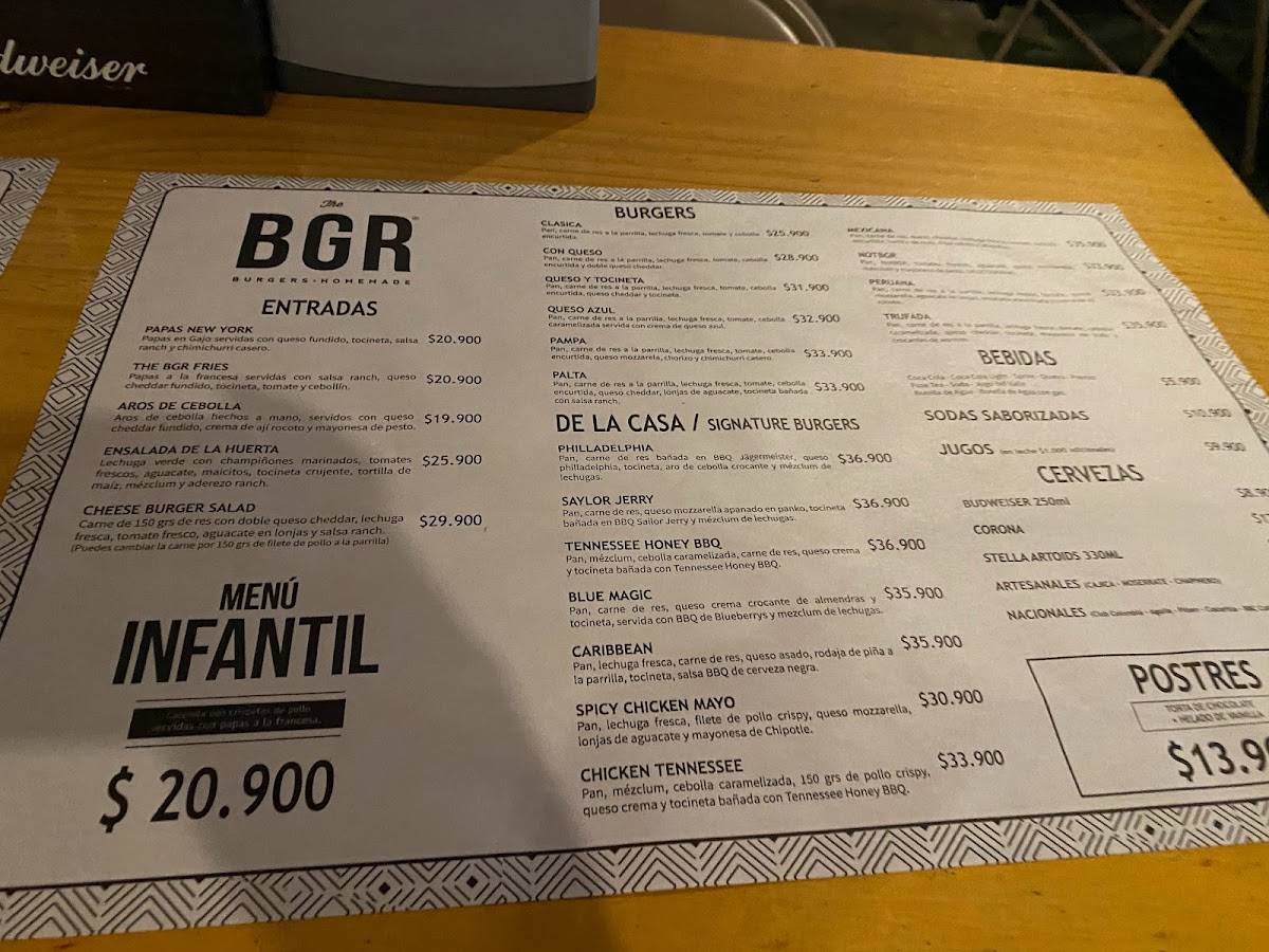 Carta del restaurante The BGR (La Burger), Envigado