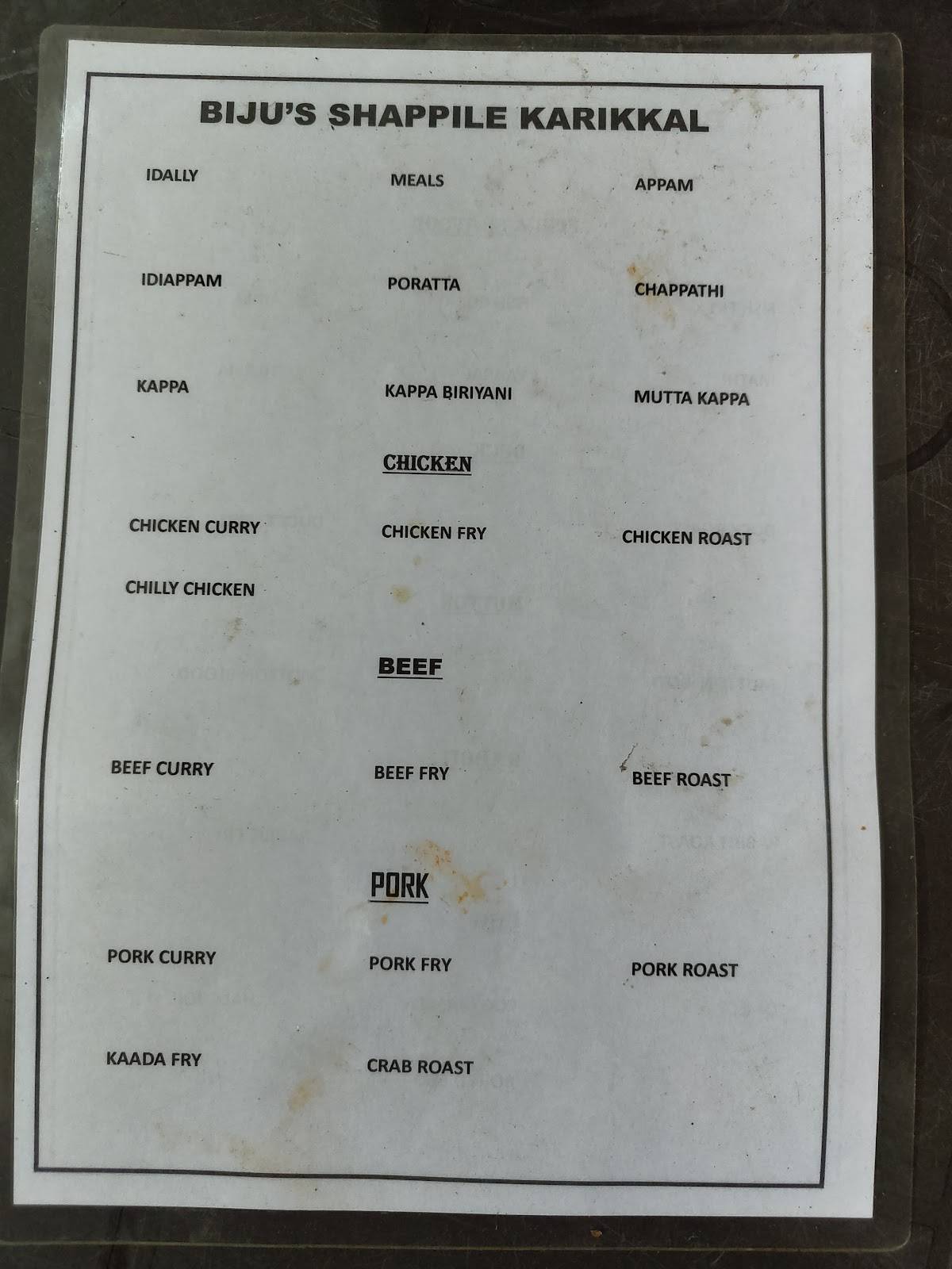 Menu at BIJU'S Toddy Shop, India