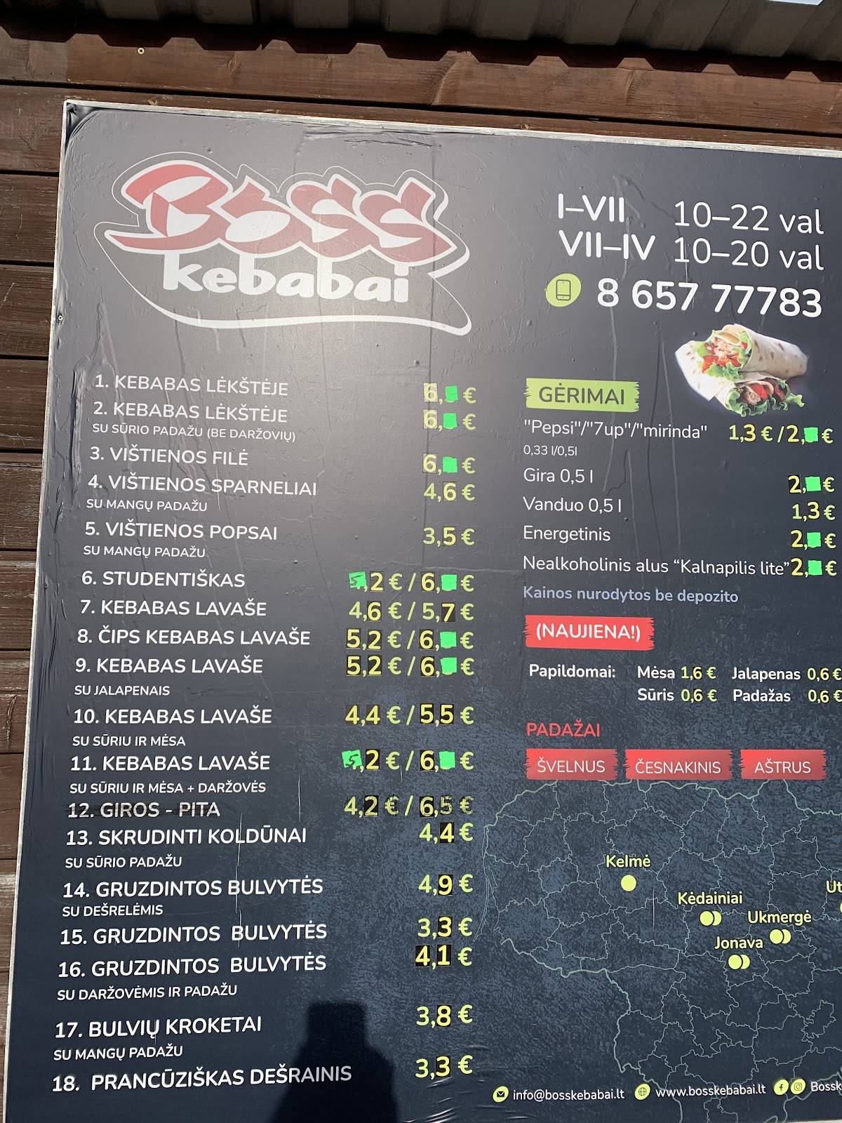 Menu at BOSS kebabai restaurant, Kelmė