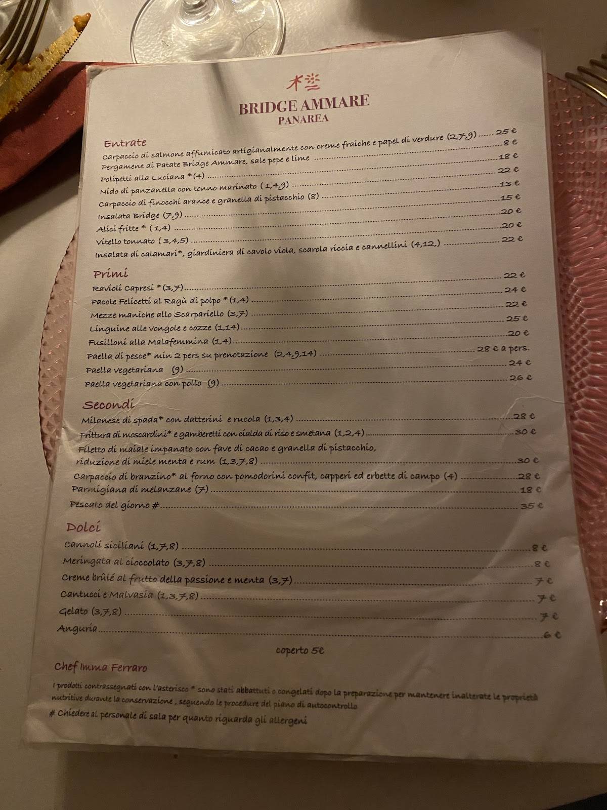 Menu da BRIDGE AMMARE ristorante, Panarea