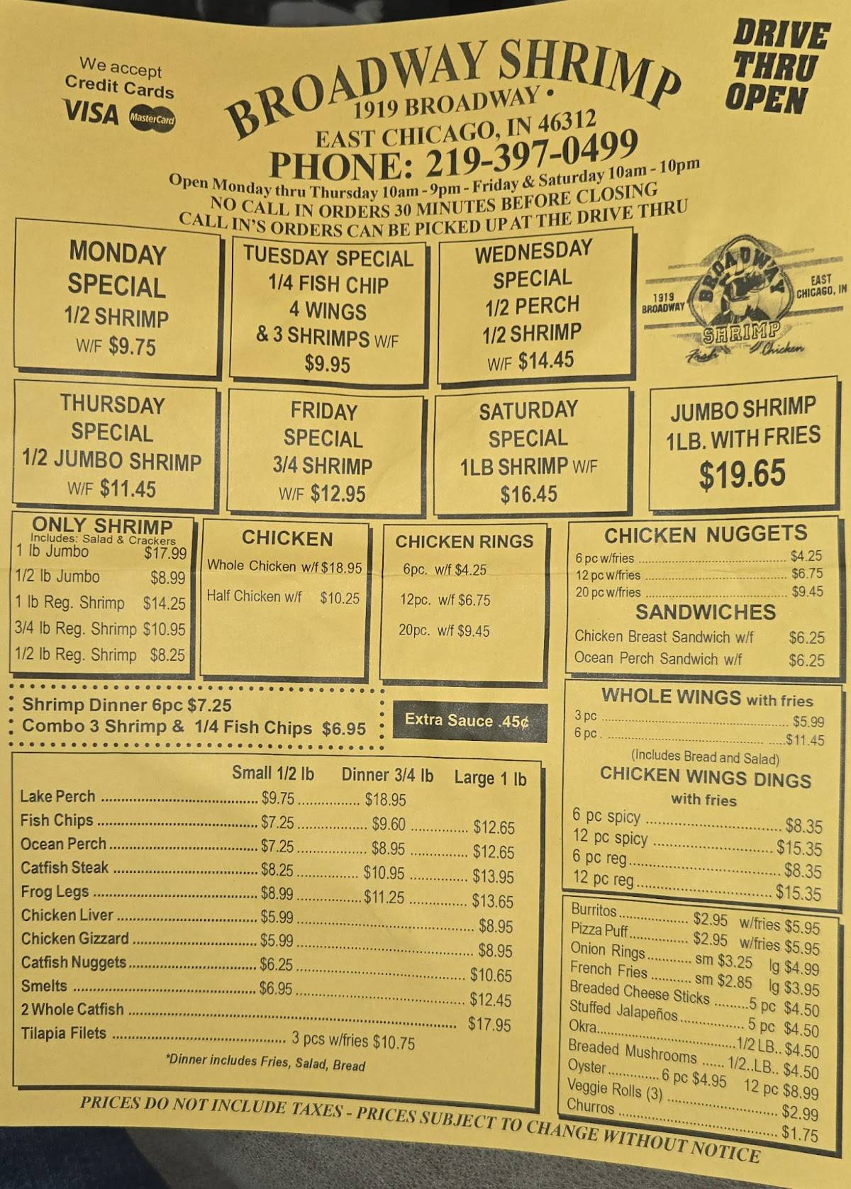 Menu at BROADWAY SHRIMP restaurant, East Chicago