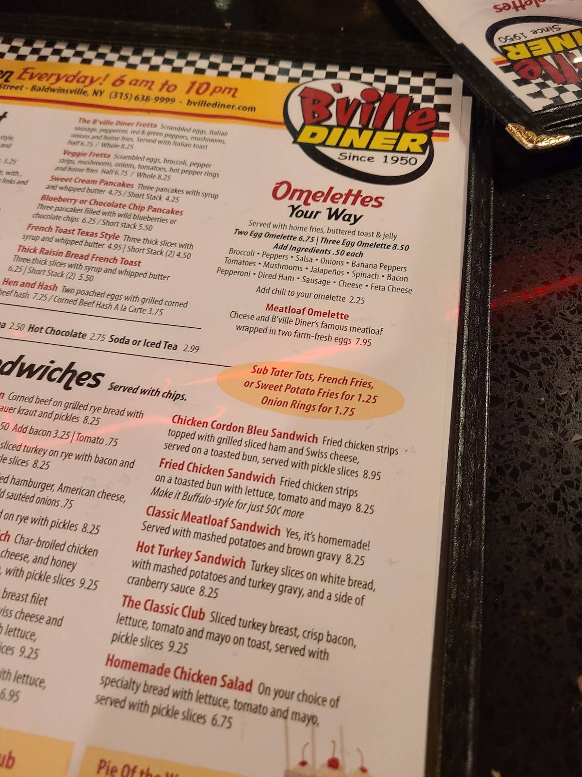 Menu at B'Ville Diner restaurant, Baldwinsville