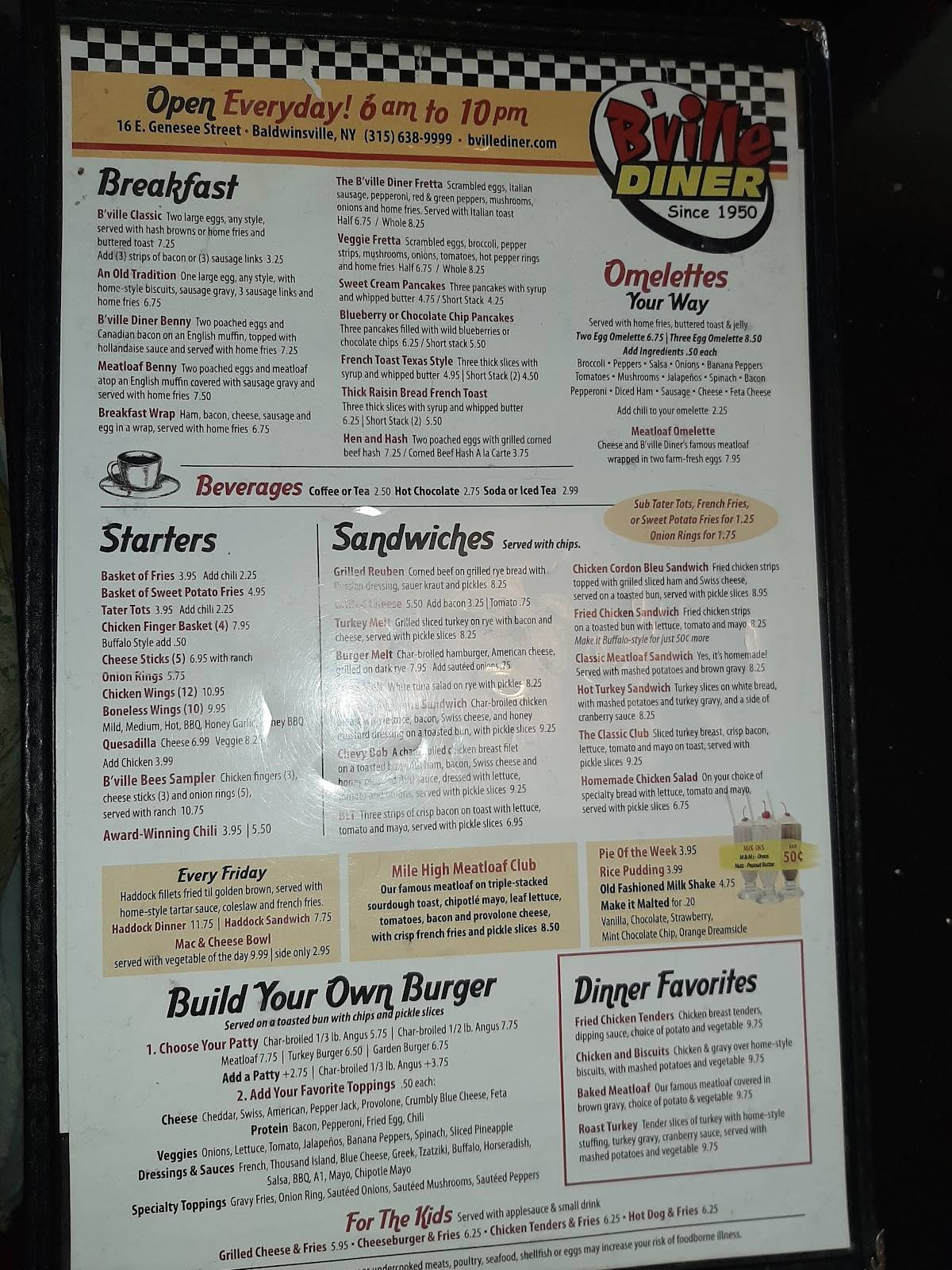 Menu at B'Ville Diner restaurant, Baldwinsville