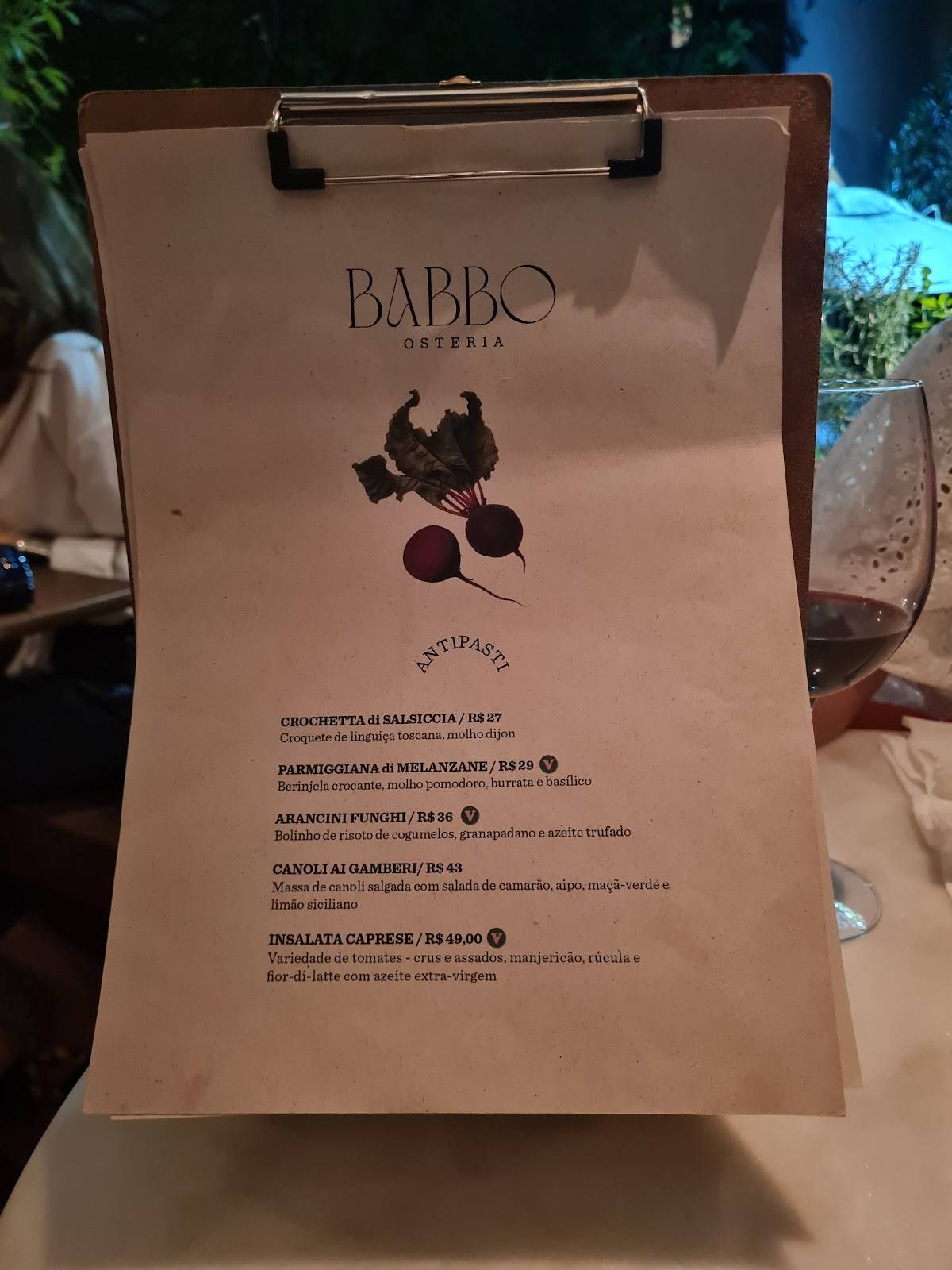 Menu em Babbo Osteria restaurante, Rio de Janeiro