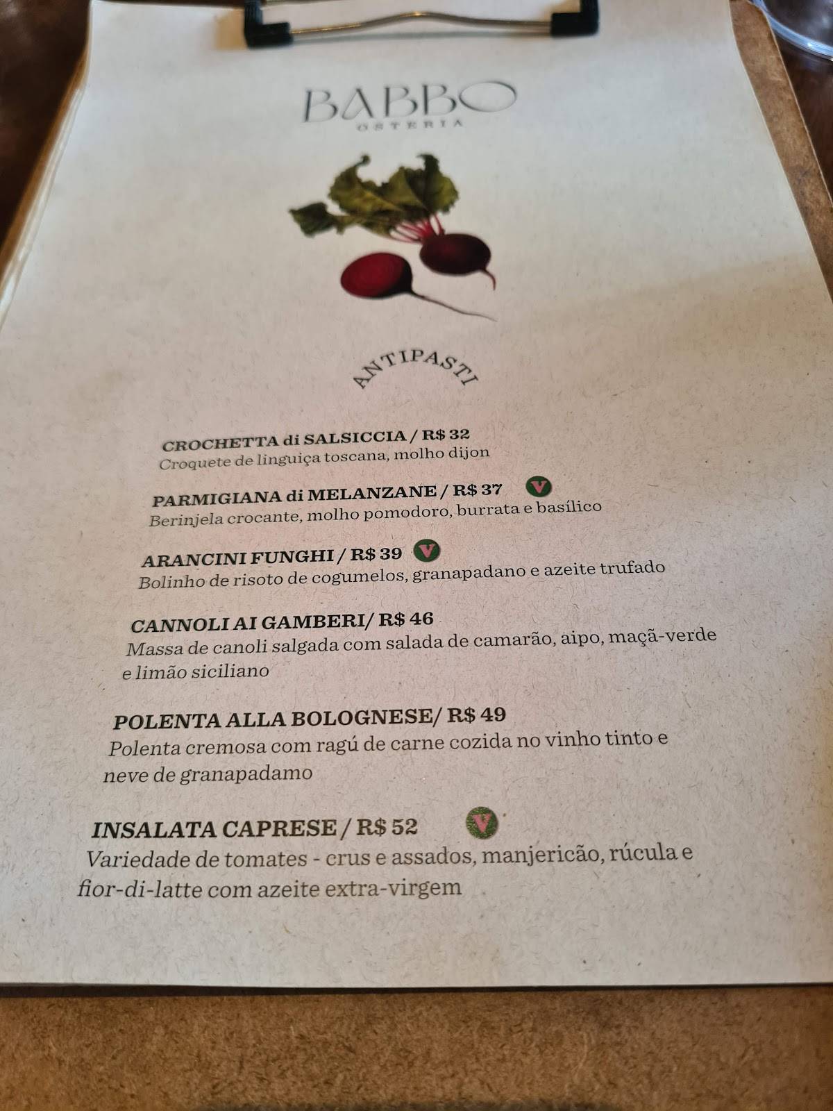 Menu em Babbo Osteria restaurante, Rio de Janeiro