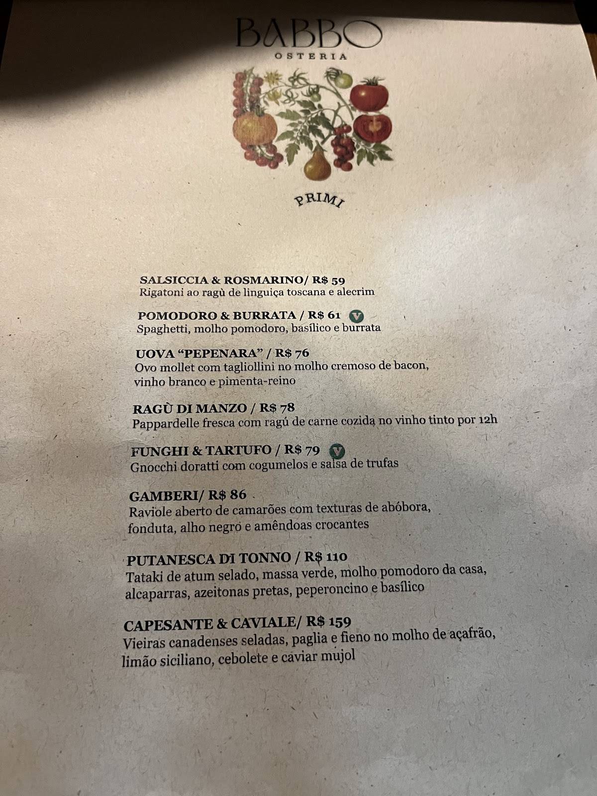Menu em Babbo Osteria restaurante, Rio de Janeiro