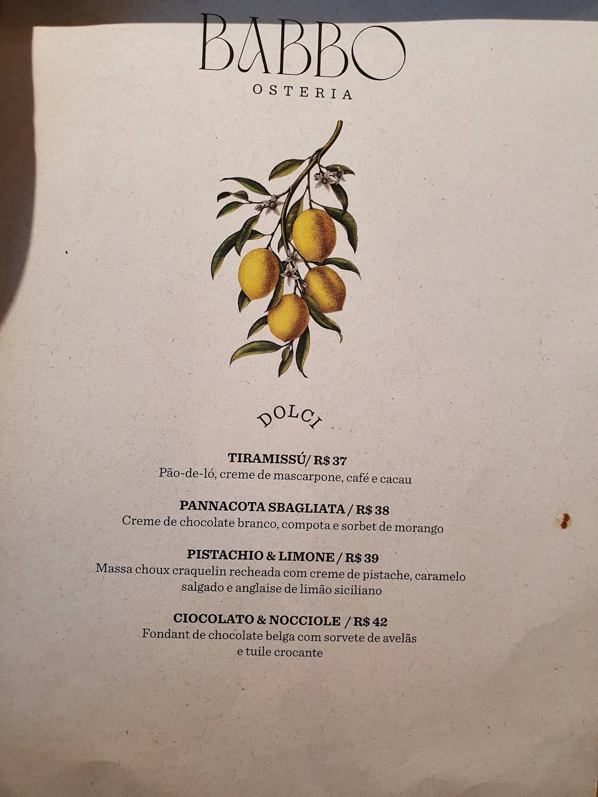 Menu em Babbo Osteria restaurante, Rio de Janeiro