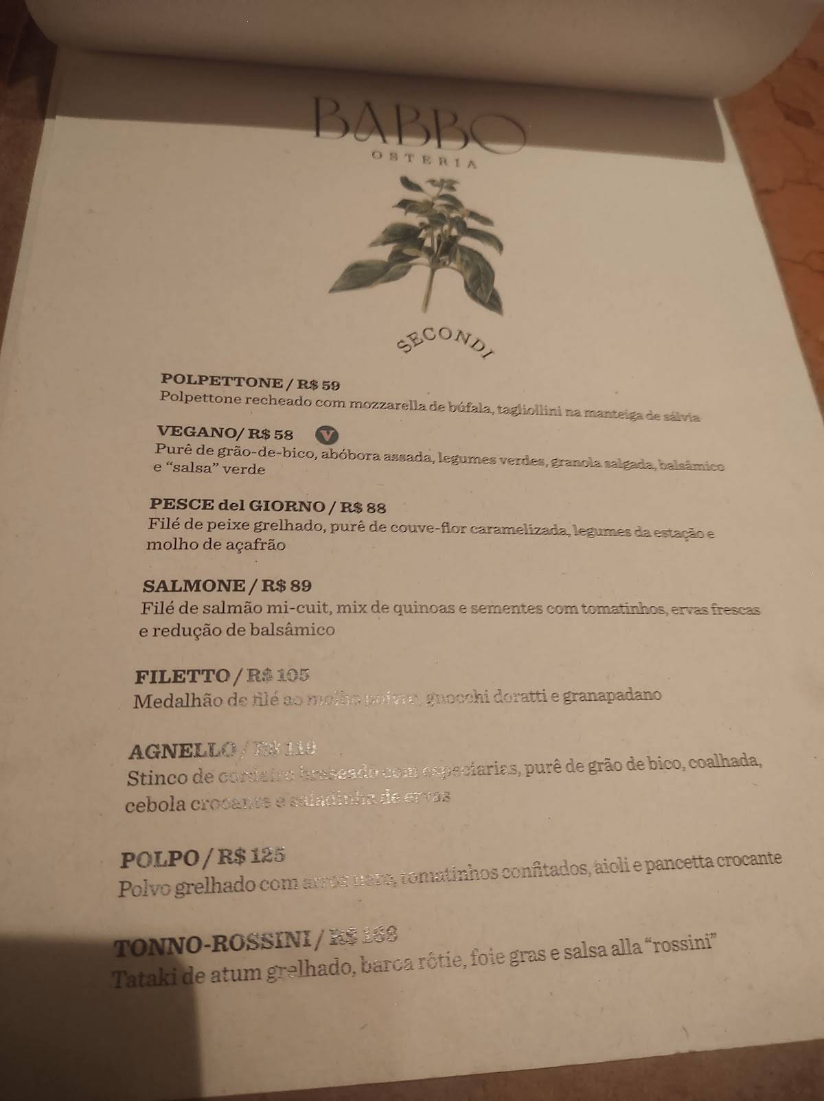 Menu em Babbo Osteria restaurante, Rio de Janeiro