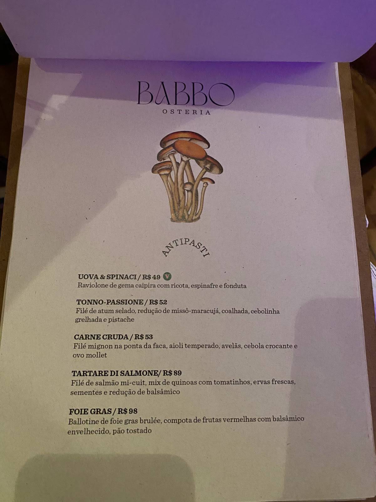 Menu em Babbo Osteria restaurante, Rio de Janeiro