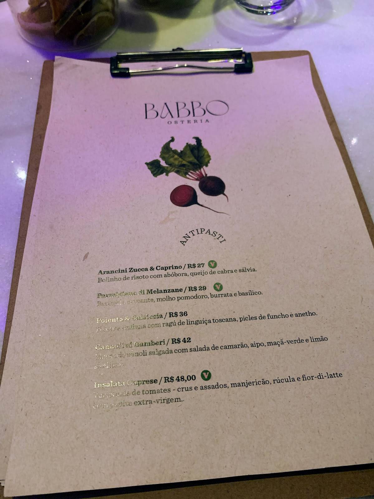 Menu em Babbo Osteria restaurante, Rio de Janeiro