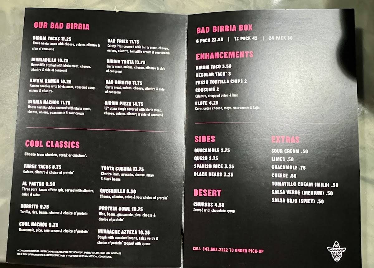 Menu at Bad Birria restaurant, North Myrtle Beach