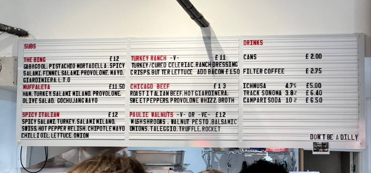 Menu at Bada Bing, Manchester