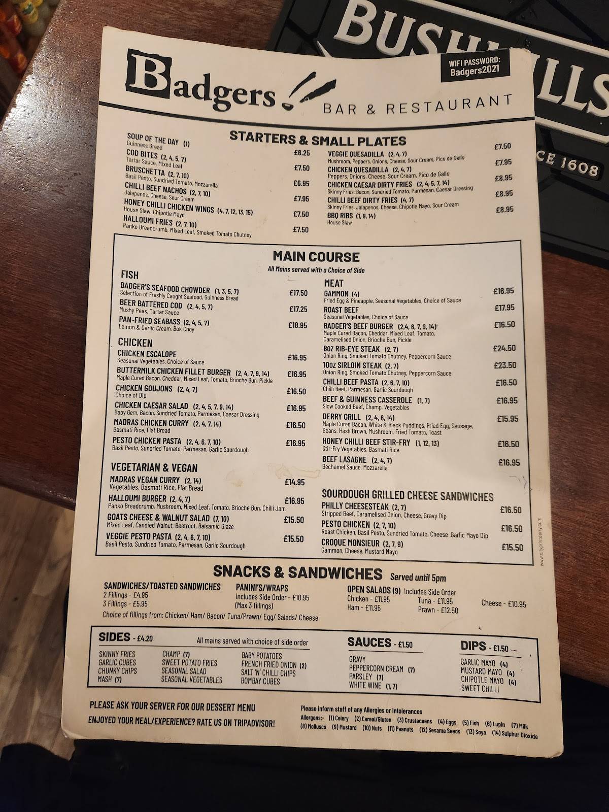 Menu at Badgers Bar and Restaurant, Londonderry