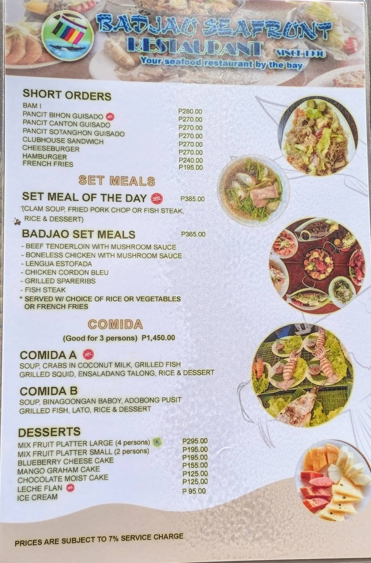Menu at Badjao Seafront Restaurant, Puerto Princesa, PPHX+4V5