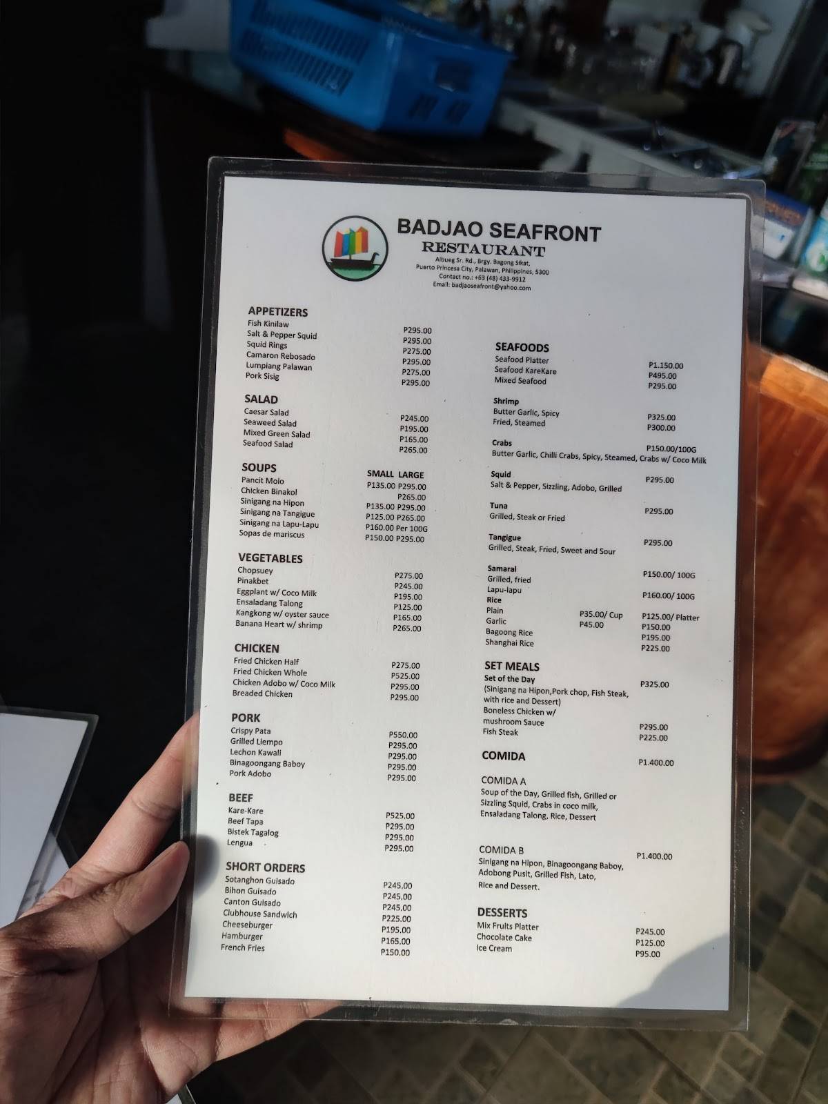 Menu at Badjao Seafront Restaurant, Puerto Princesa, PPHX+4V5