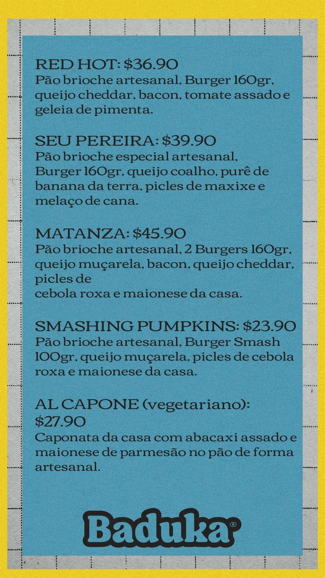 Menu at Baduka Street Food restaurant, Palmas