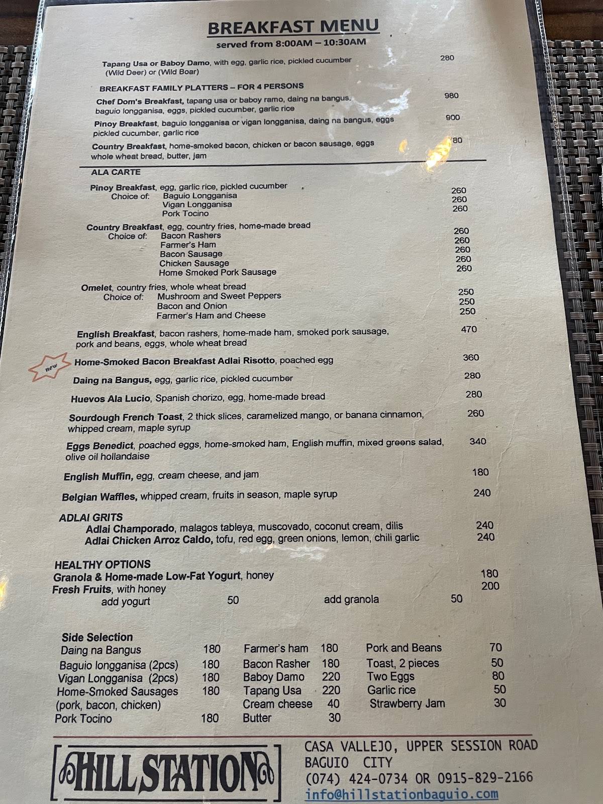 Menu at Hill Station restaurant, Baguio, Casa Vallejo