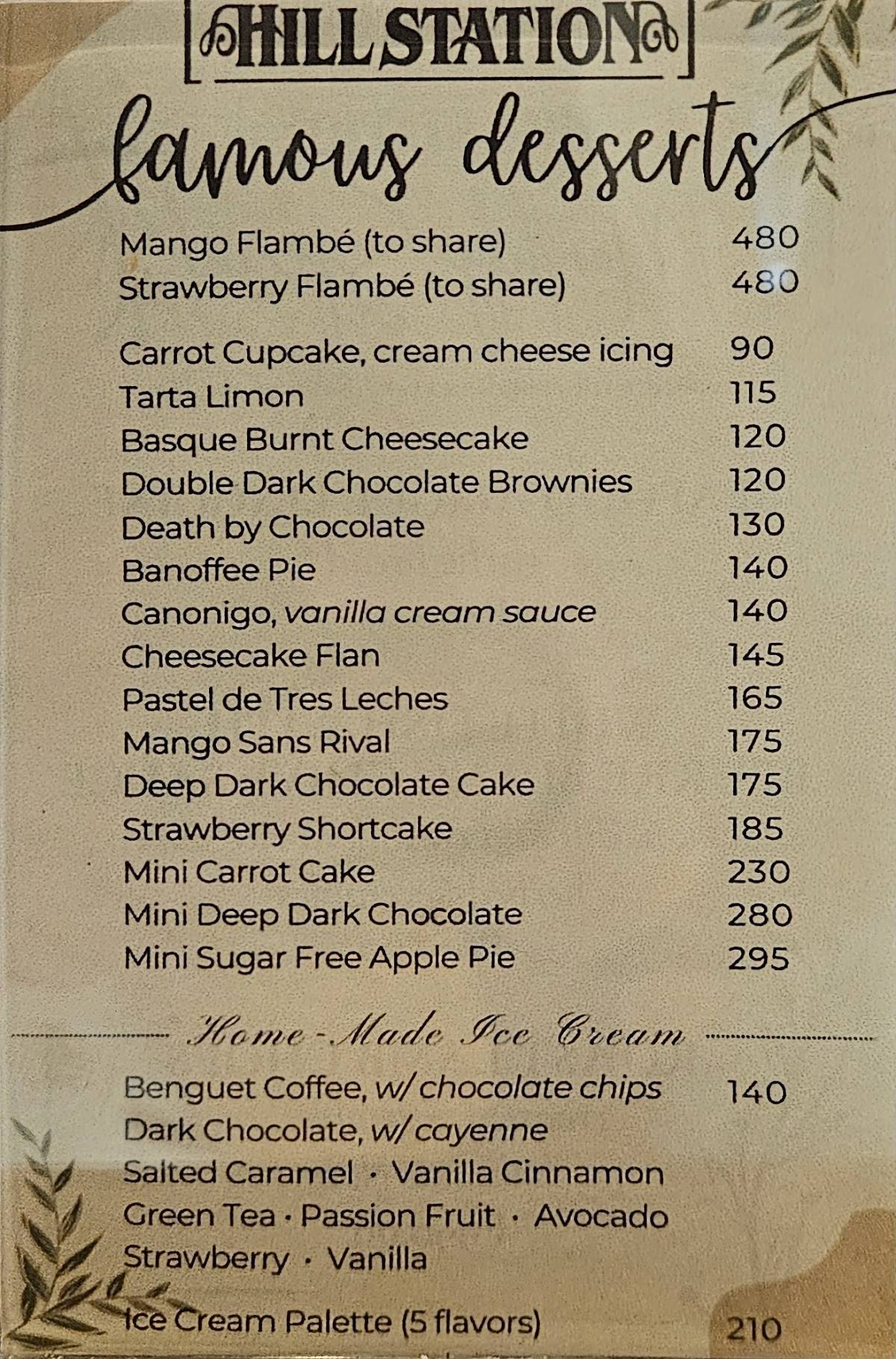 Menu at Hill Station restaurant, Baguio, Casa Vallejo