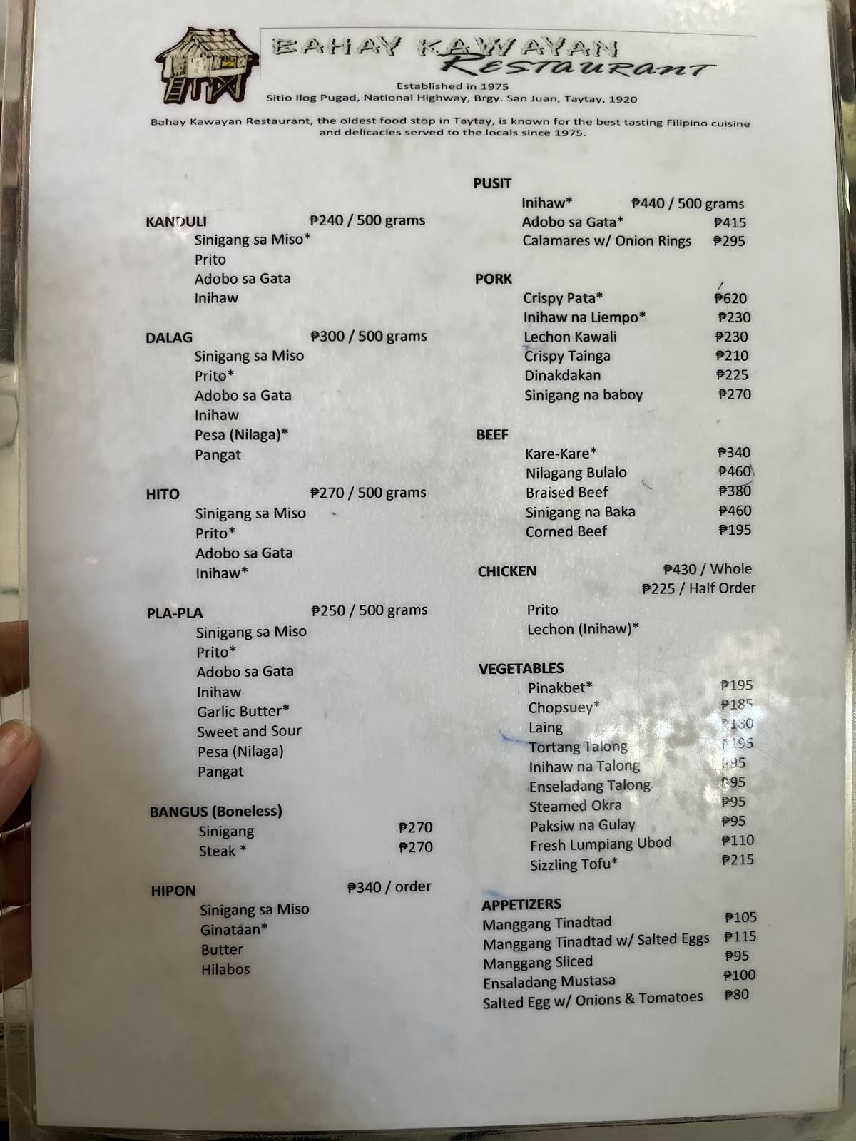 Menu at Bahay Kawayan Restaurant, Taytay, H43Q+CFV