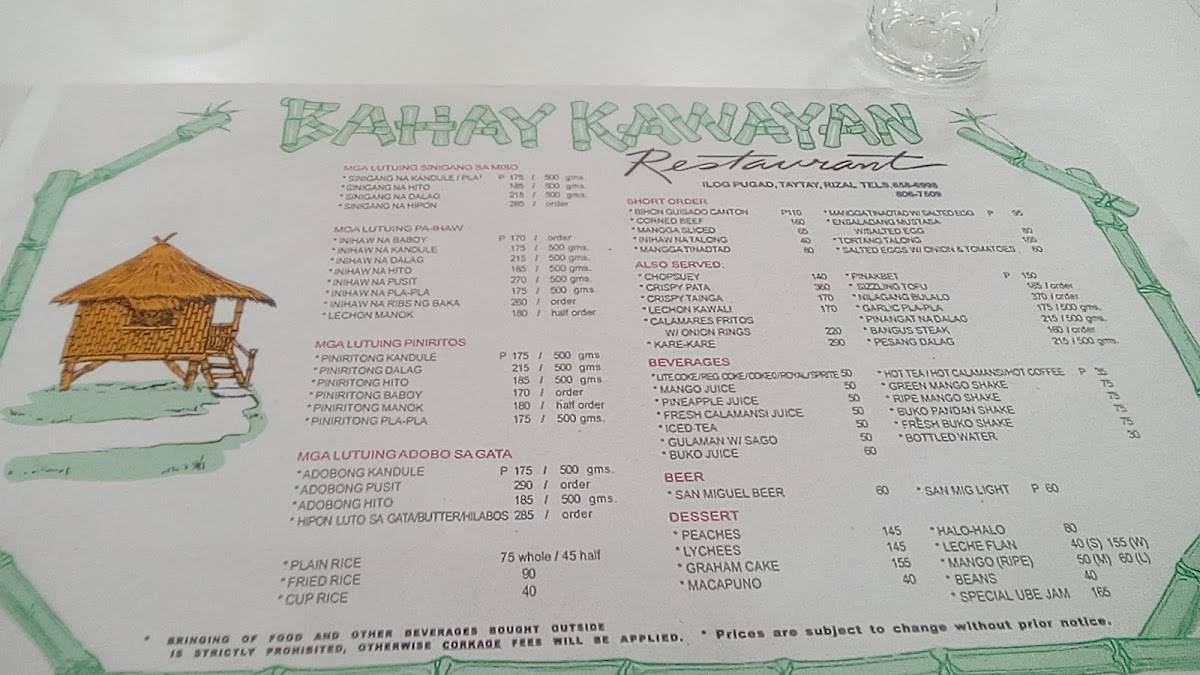 Menu at Bahay Kawayan Restaurant, Taytay, H43Q+CFV