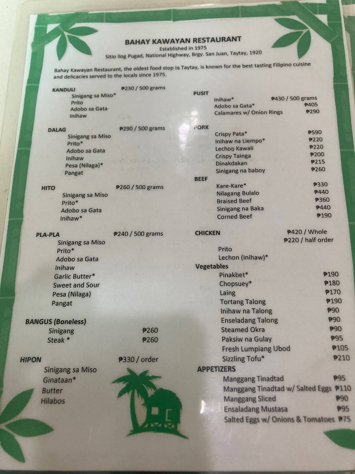 Menu at Bahay Kawayan Restaurant, Taytay, H43Q+CFV