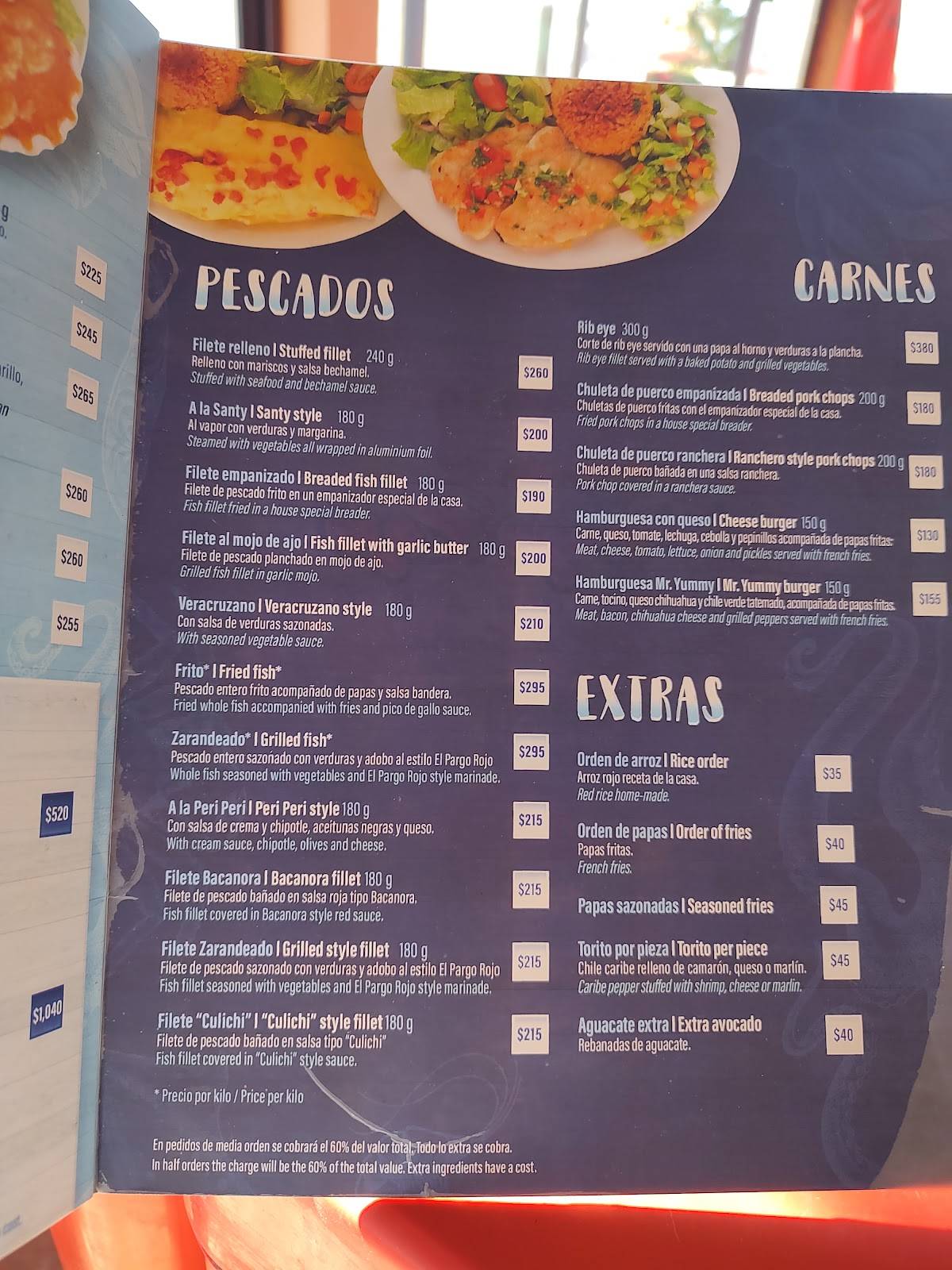 Carta de El Pargo Rojo Restaurant, Bahía de Kino