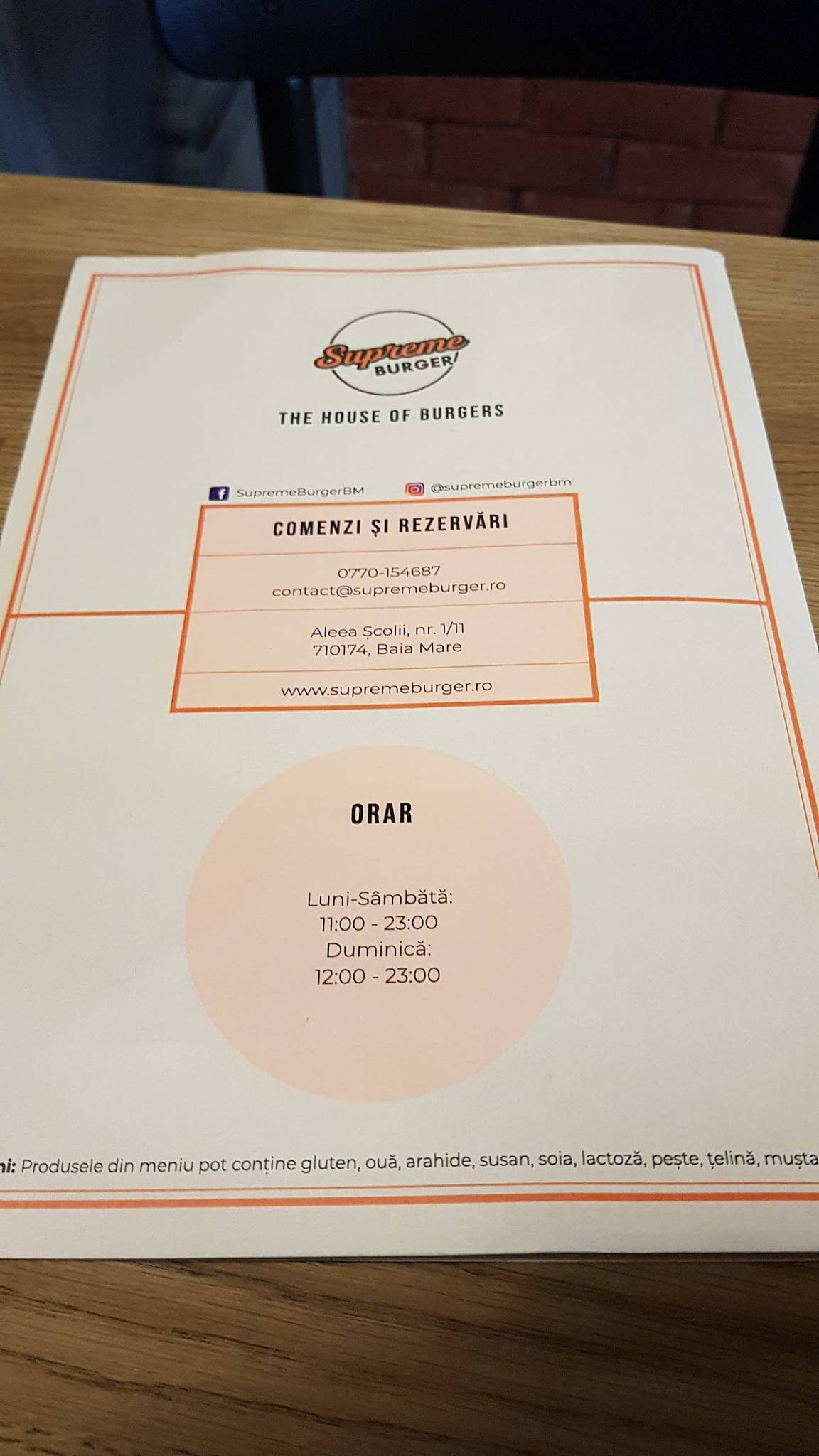 Menu at Supreme Burger, Baia Mare