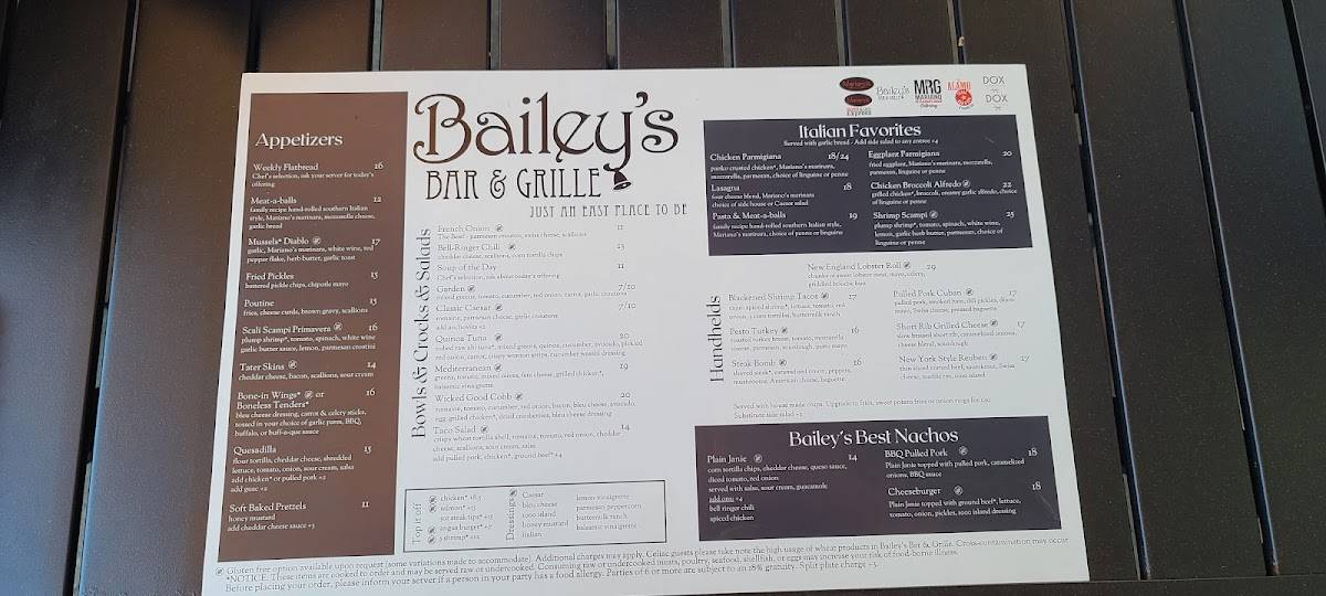 Menu at Bailey's Bar & Grille, Townsend