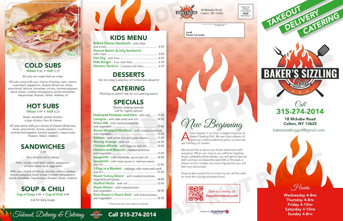 Menu at Bakers Sizzling Grill restaurant, Colton