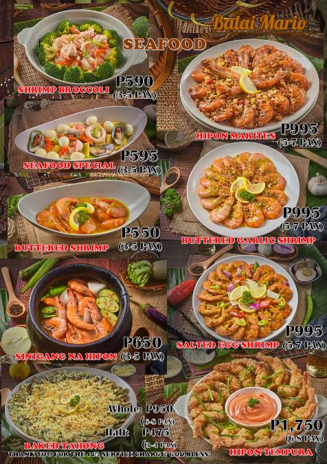 Menu at Balai Mario restaurant, Silang