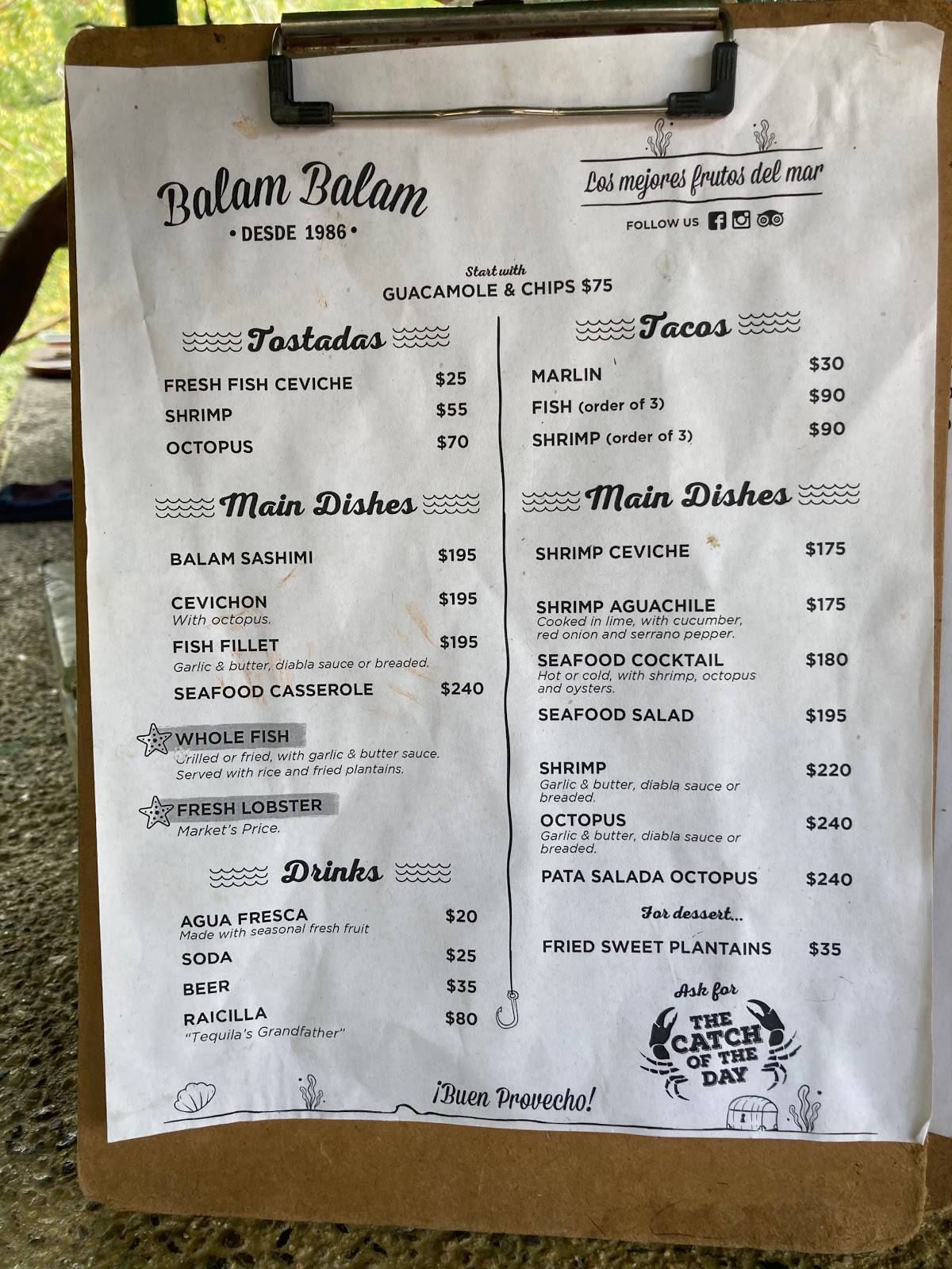 Menu at Balam Balam restaurant, Puerto Vallarta