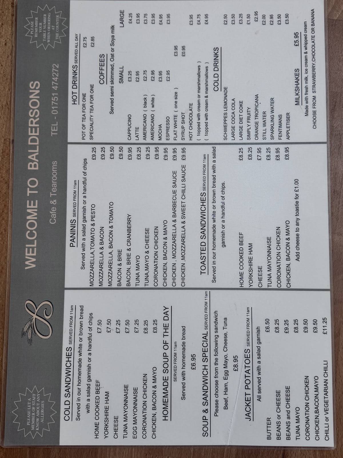 Menu at Baldersons Welcome Cafe & Bakery, Thornton Dale