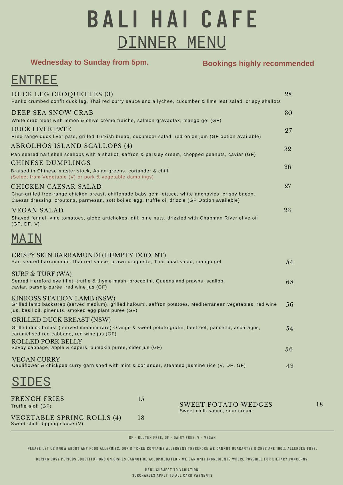 Menu at Bali Hai Cafe & Restaurant, Cable Beach