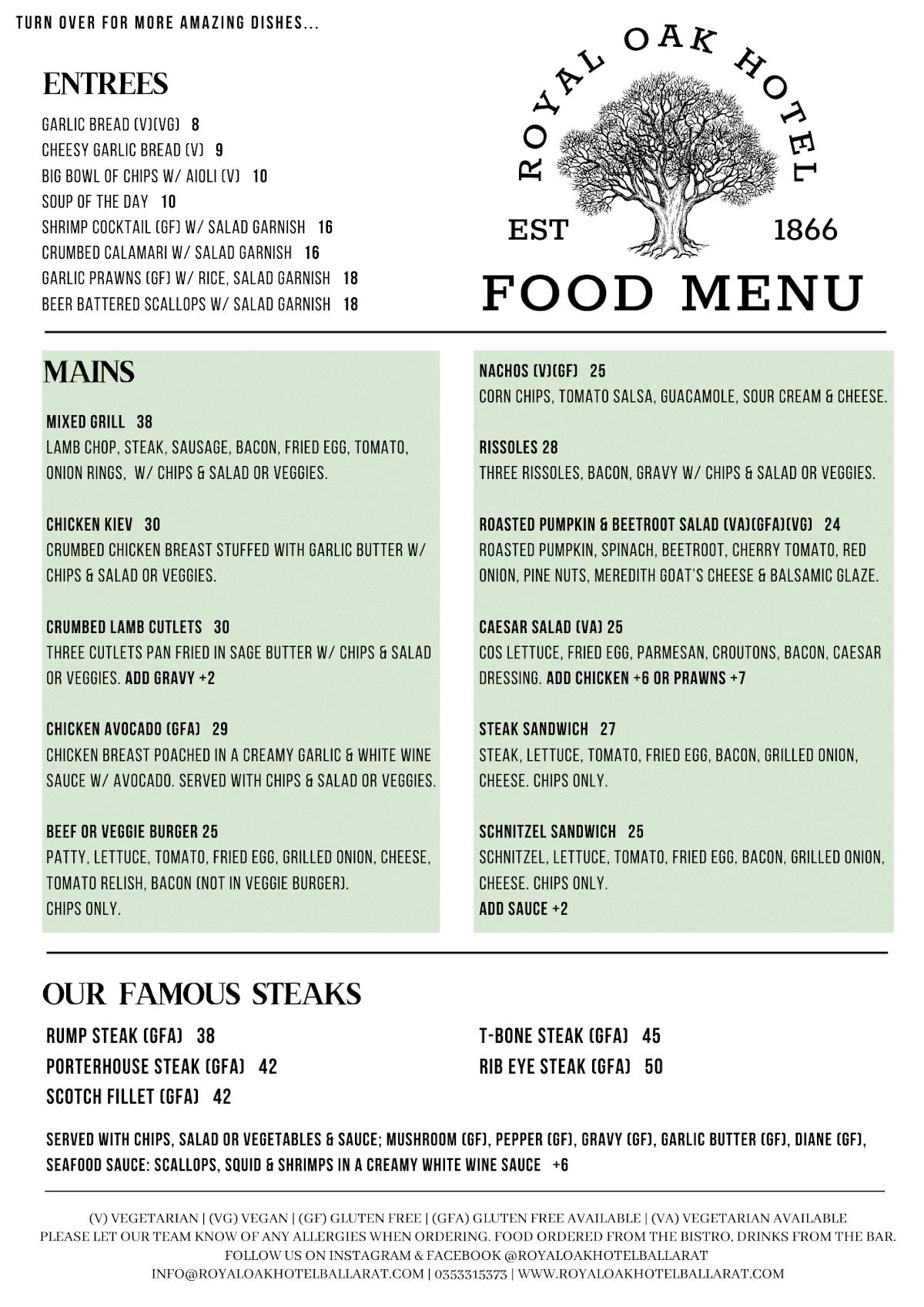Menu at Royal Oak Hotel pub & bar, Ballarat Central
