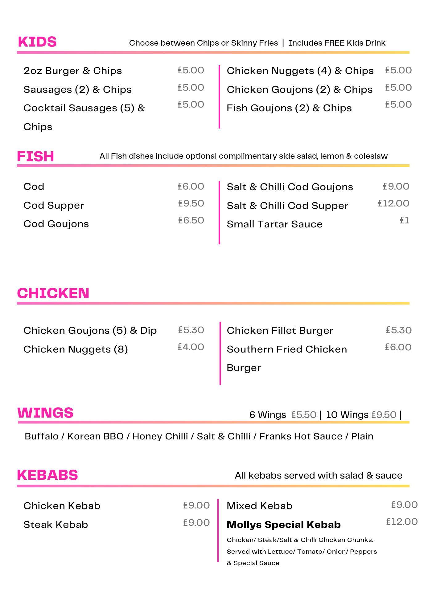 Menu at Molly Malones fast food, Ballymena, 2 Old Crebilly Rd