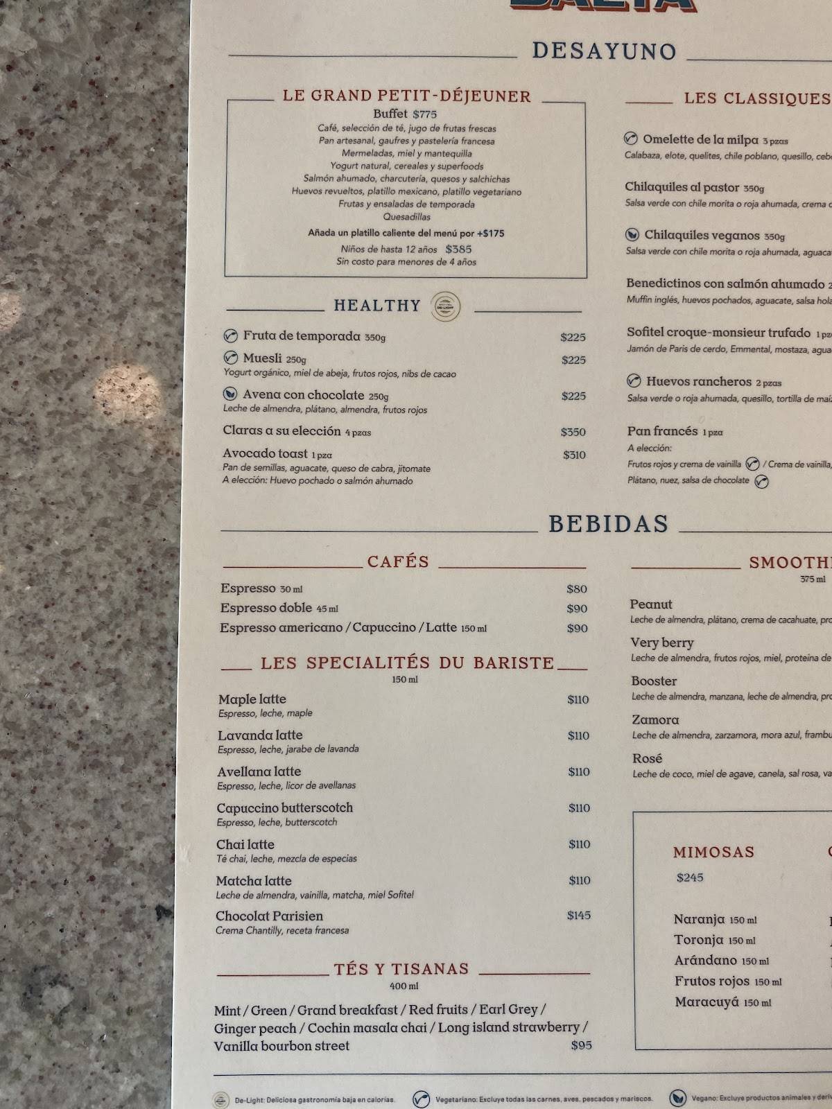 Menu at Balta restaurant, Mexico City