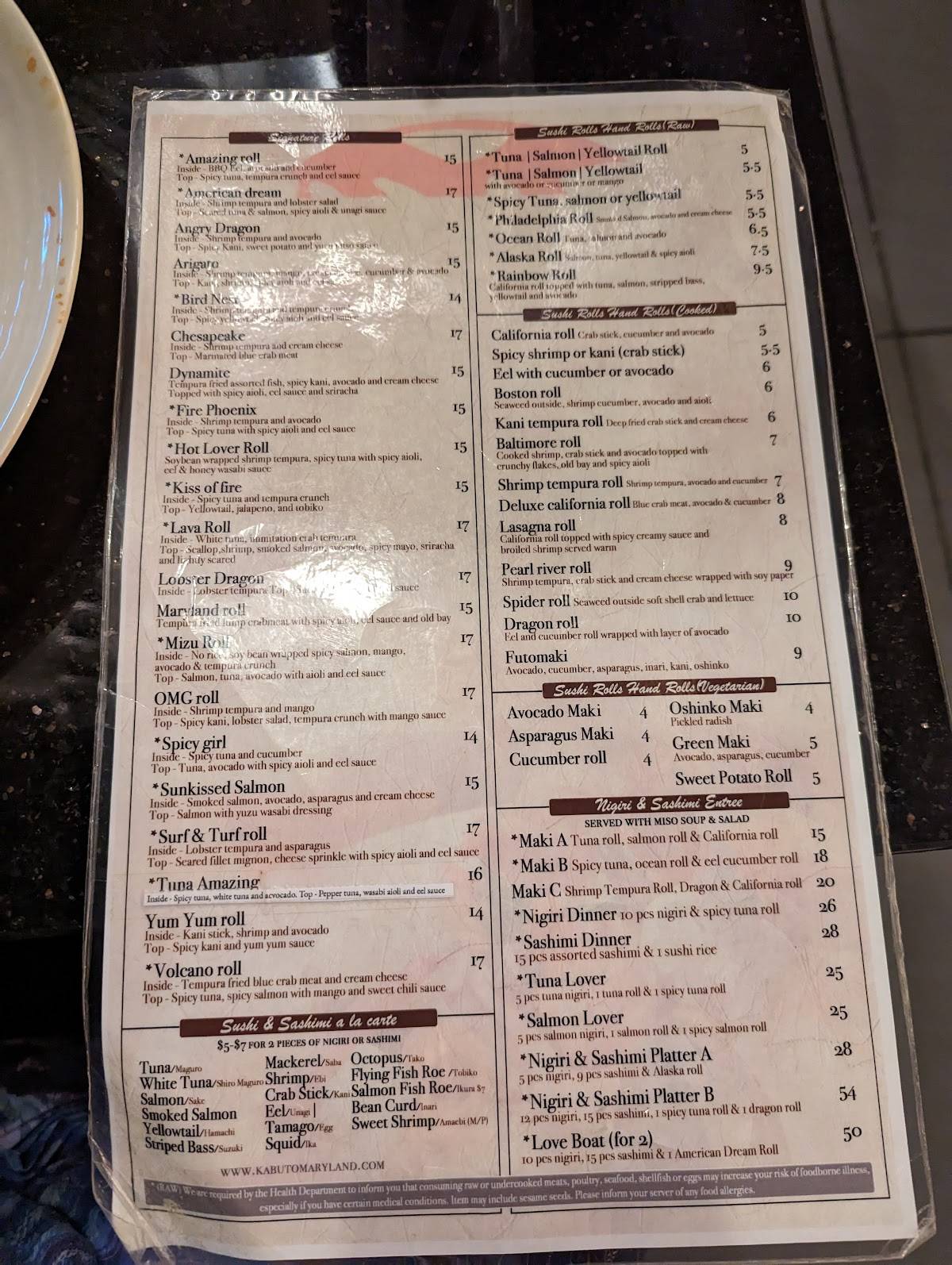Menu at Kabuto Japanese Steakhouse and Sushi Bar, Parkville, Waltham ...