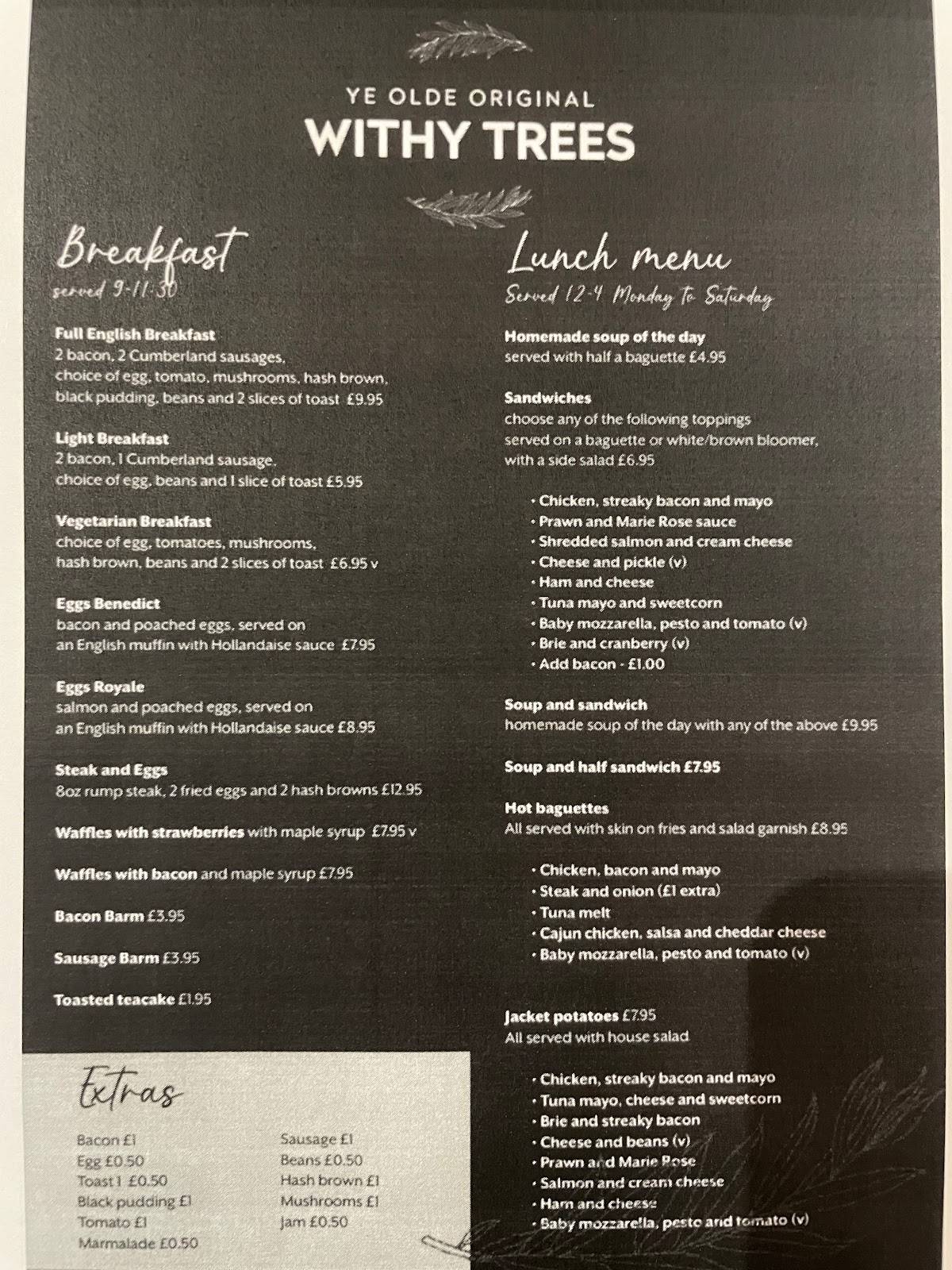 Menu at Ye Olde Original Withy Trees pub & bar, Preston