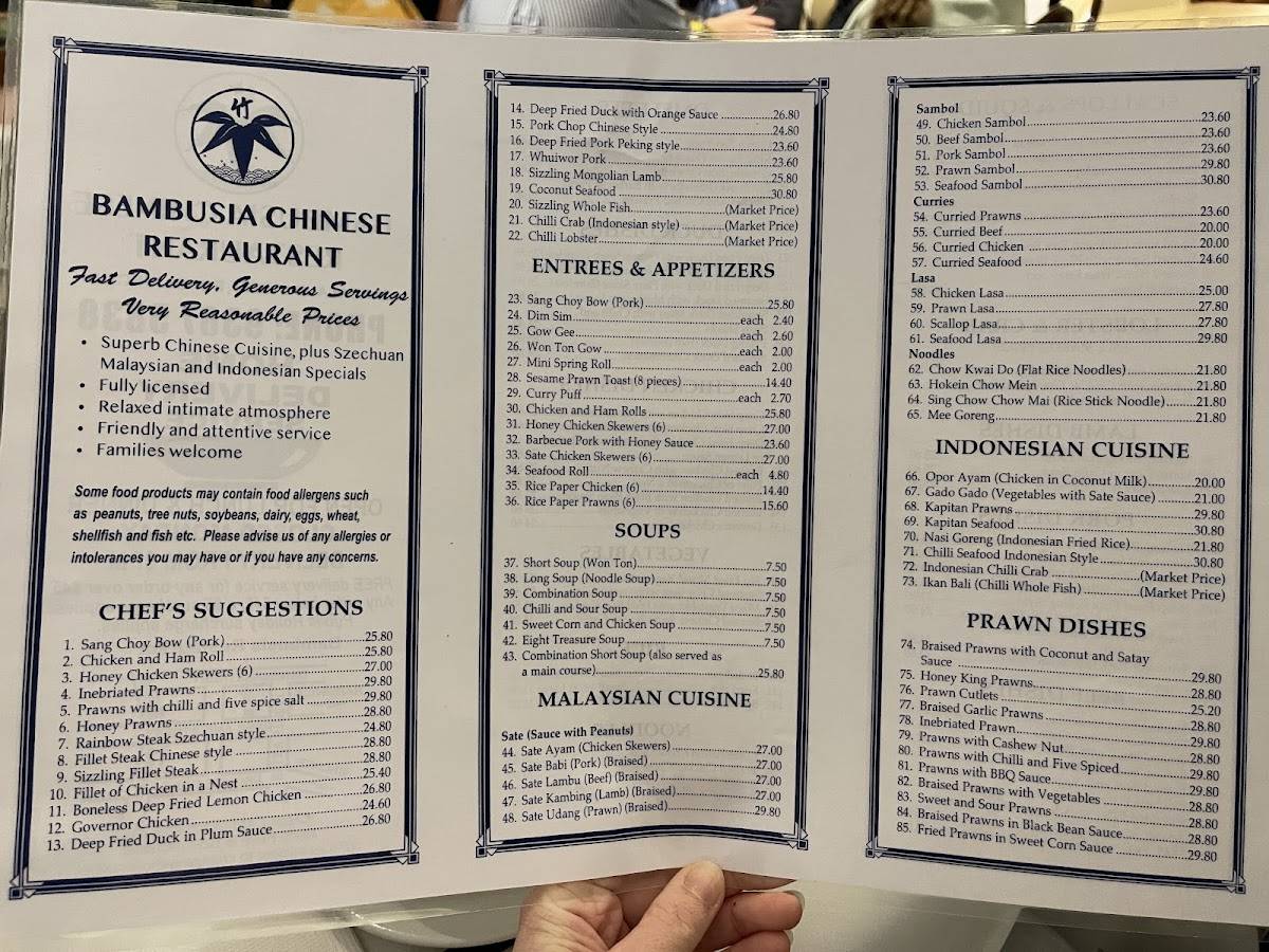 Menu at Bambusia Chinese Restaurant, Sydney, 29 Newland St