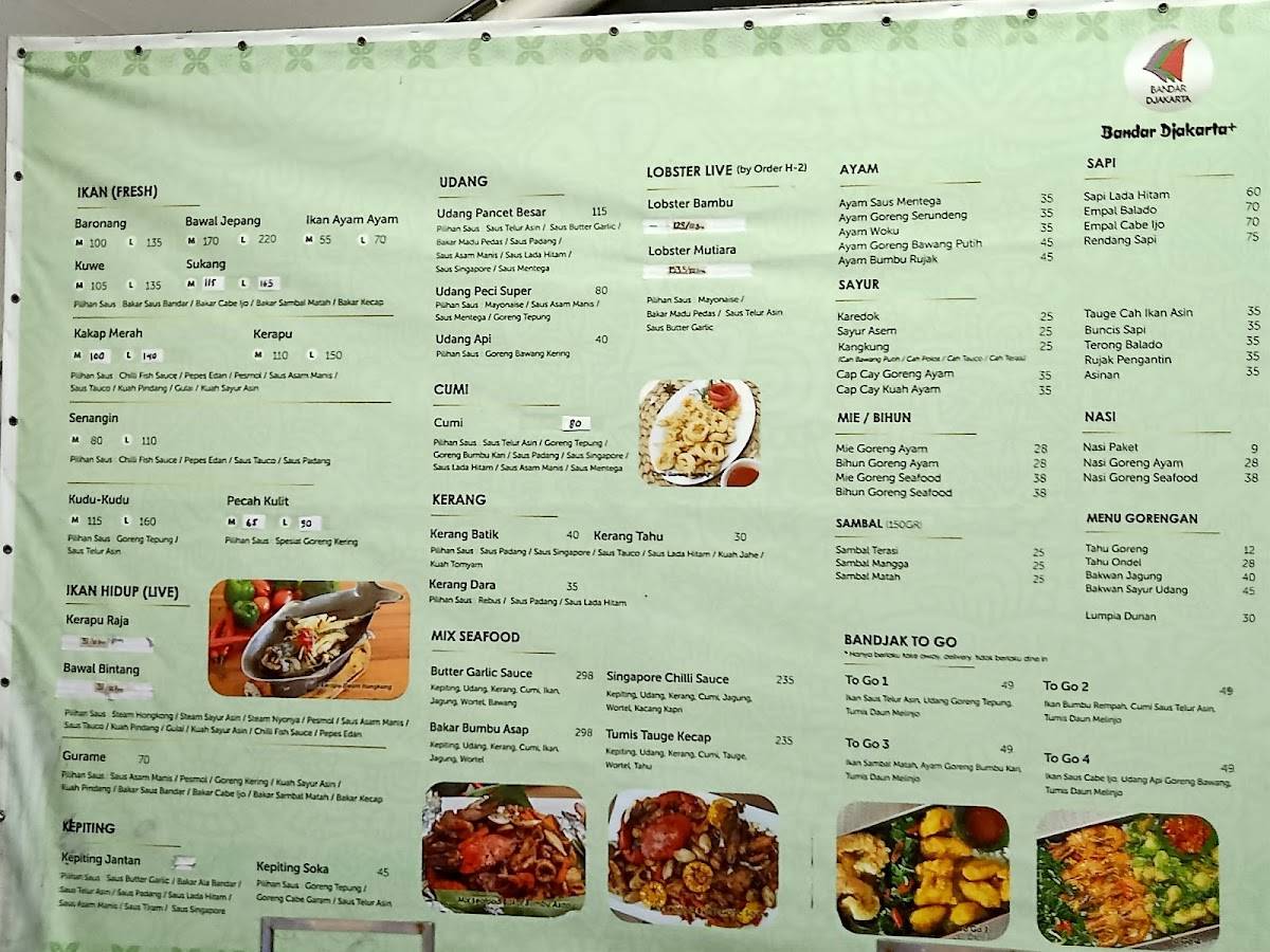 Menu at Bandar Djakarta restaurant, Jakarta, Jl. Pantai Indah No.7