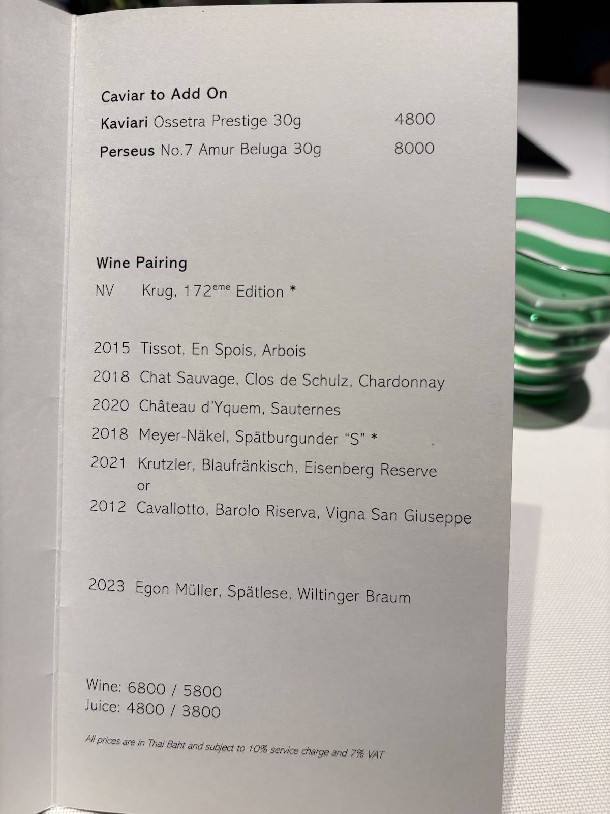 Menu at Sühring restaurant, Bangkok
