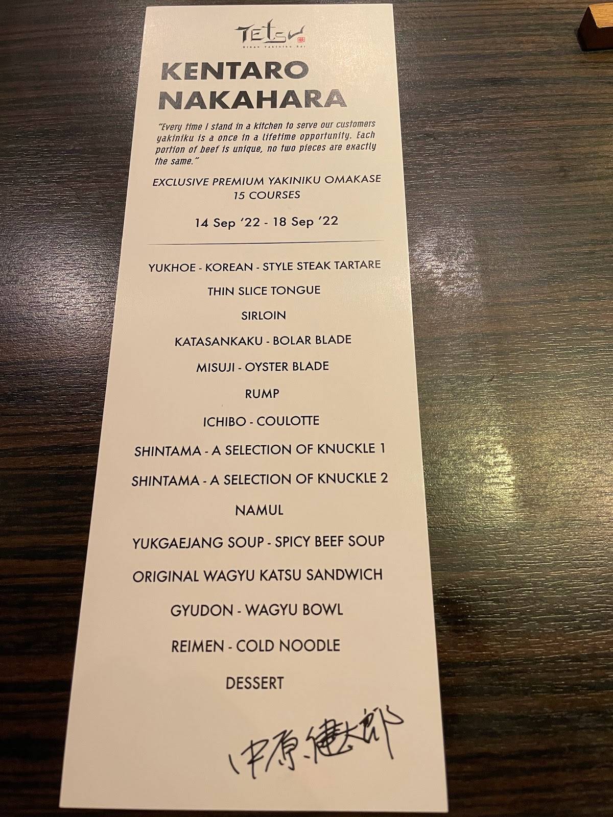 Menu at Tetsu Urban Yakiniku Bar, Bangkok