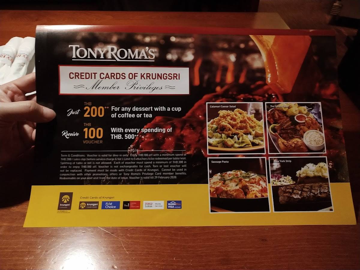 Menu at Tony Roma's restaurant, Bangkok, 88 Soi Sukhumvit 19