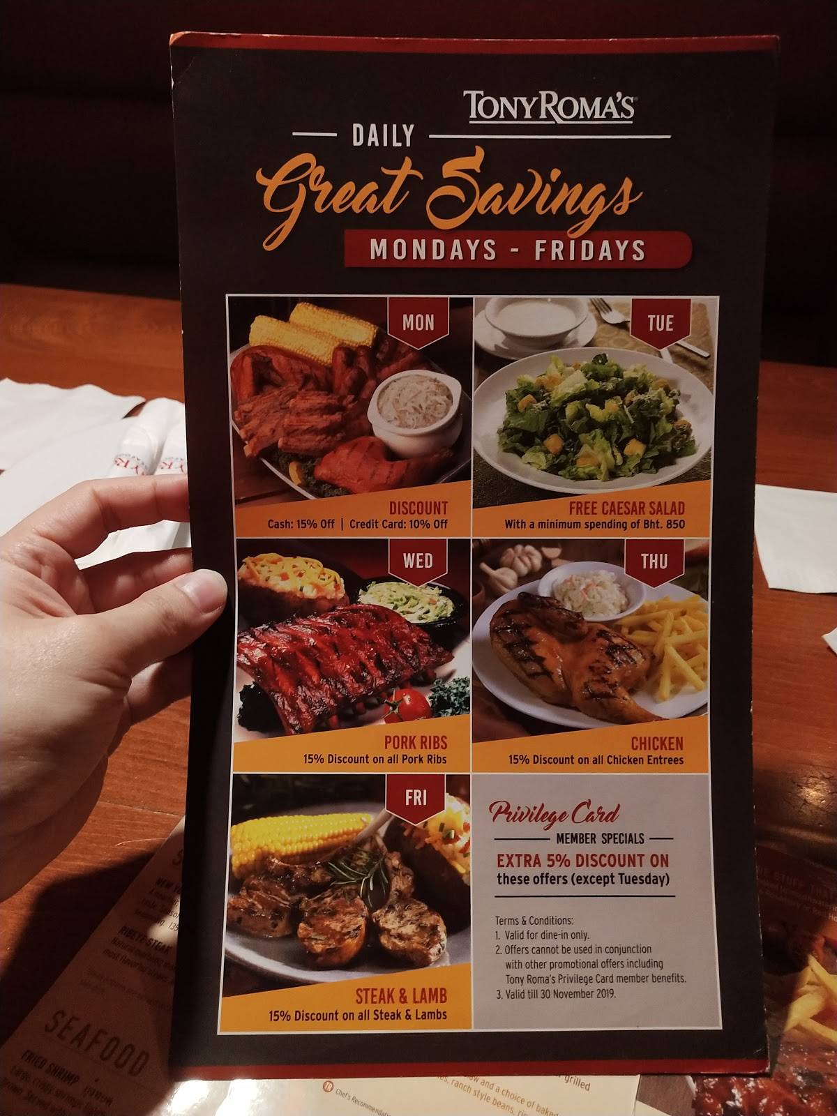 Menu at Tony Roma's restaurant, Bangkok, 88 Soi Sukhumvit 19