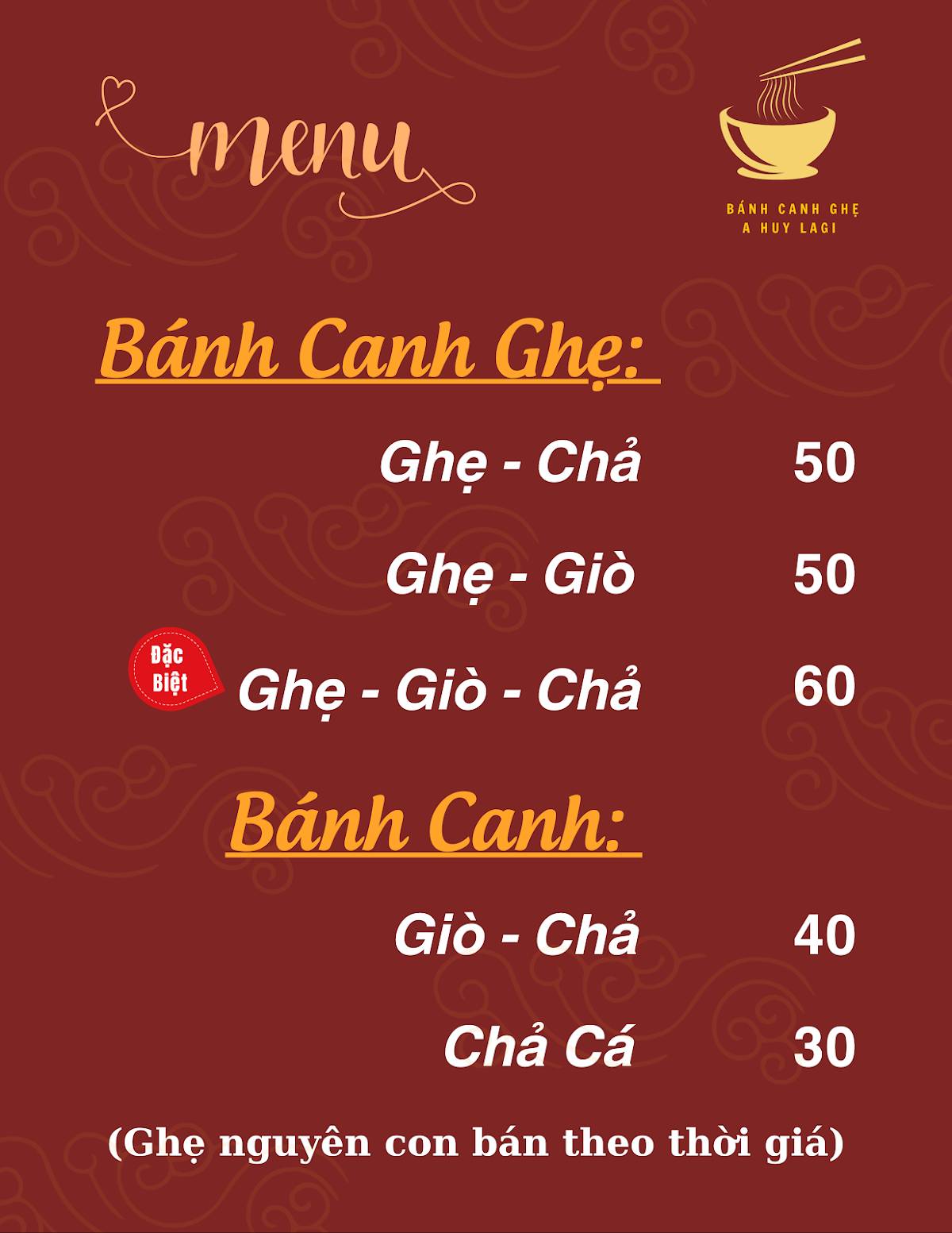 Menu at Bánh Canh Ghẹ A Huy, Vietnam