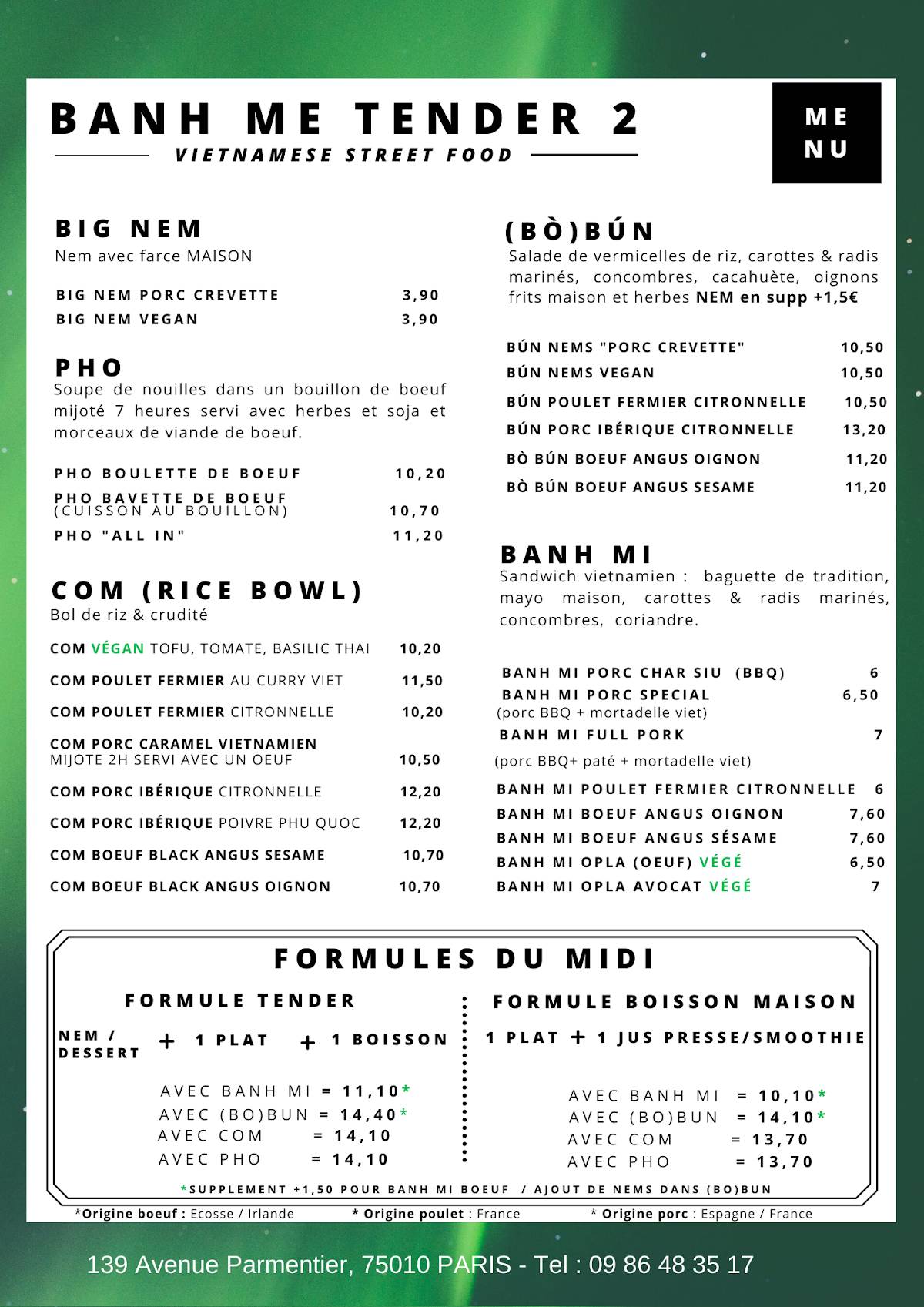 Menu au Banh Me Tender restaurant, Paris