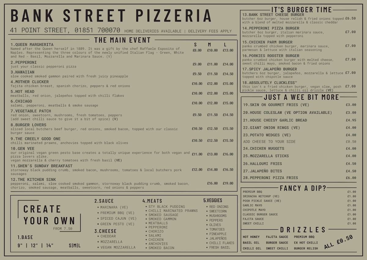Menu at Bank Street Pizzeria, Stornoway