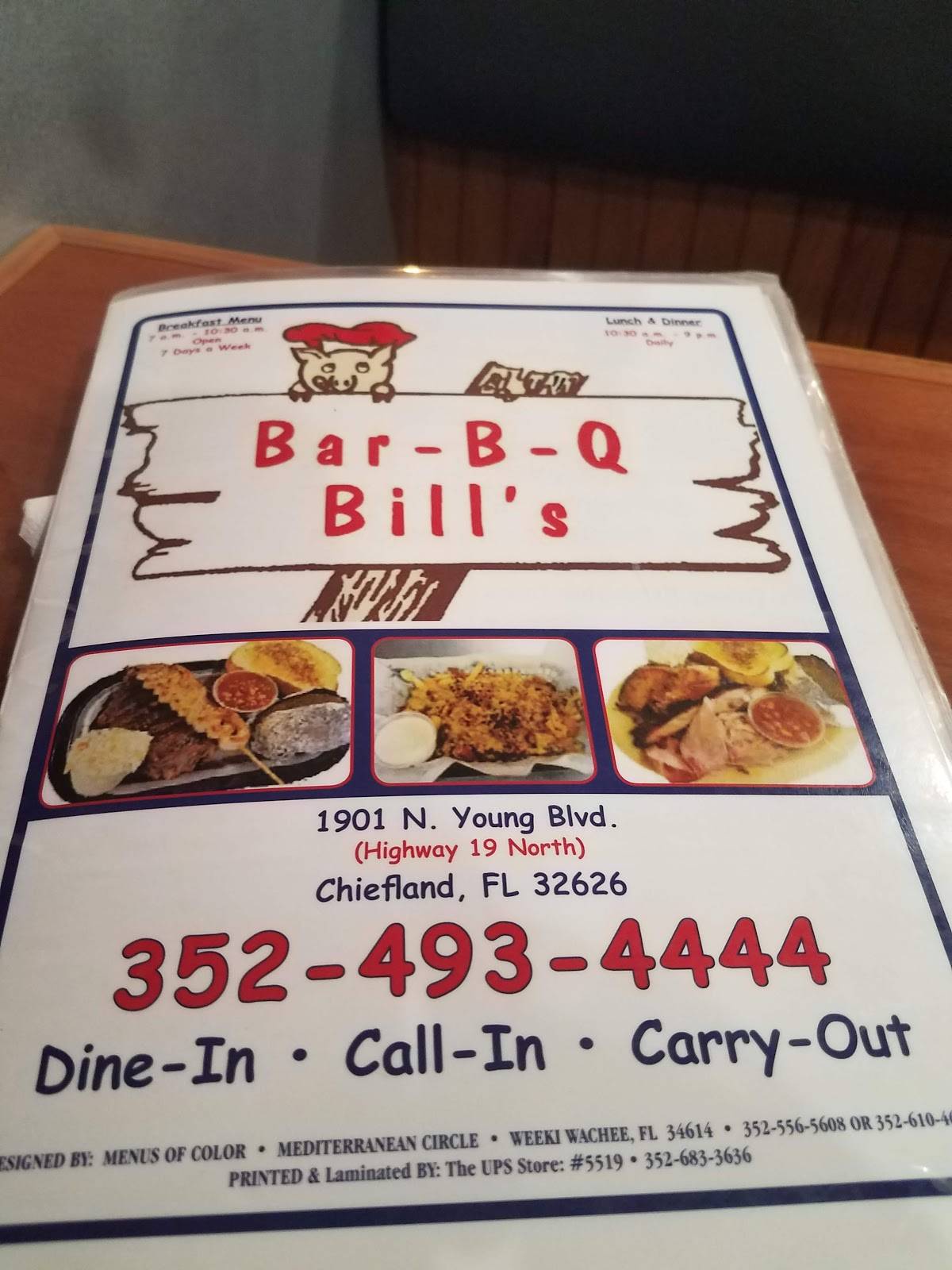 Menu at Bar-B-Q Bill's, Chiefland