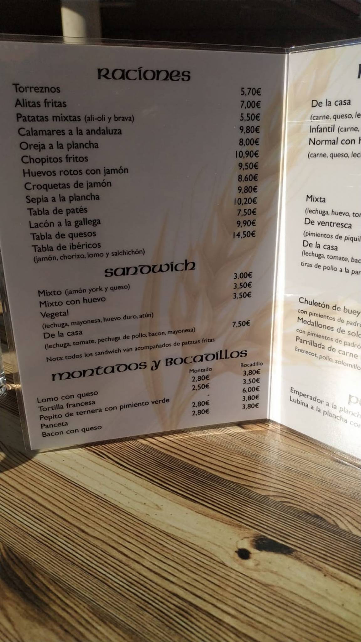 Carta del restaurante El Rincón del la Cebada, Madrid