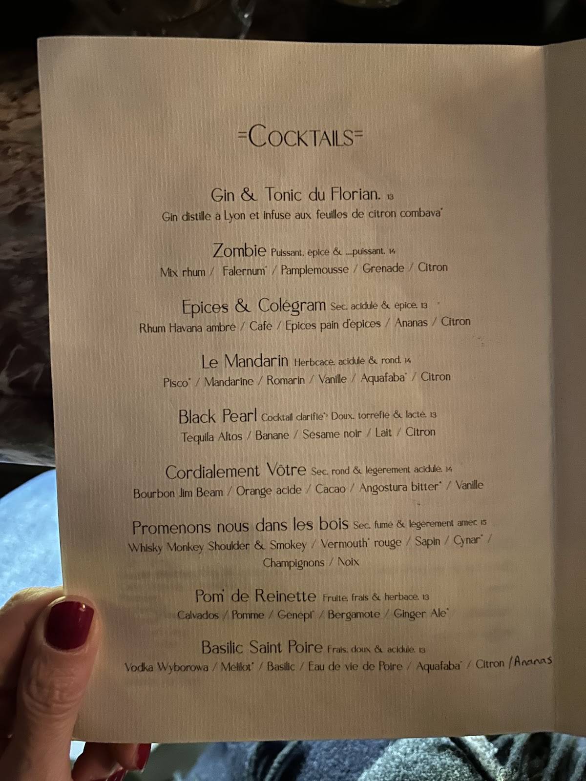 Carta del pub y bar Le Florian, Lyon